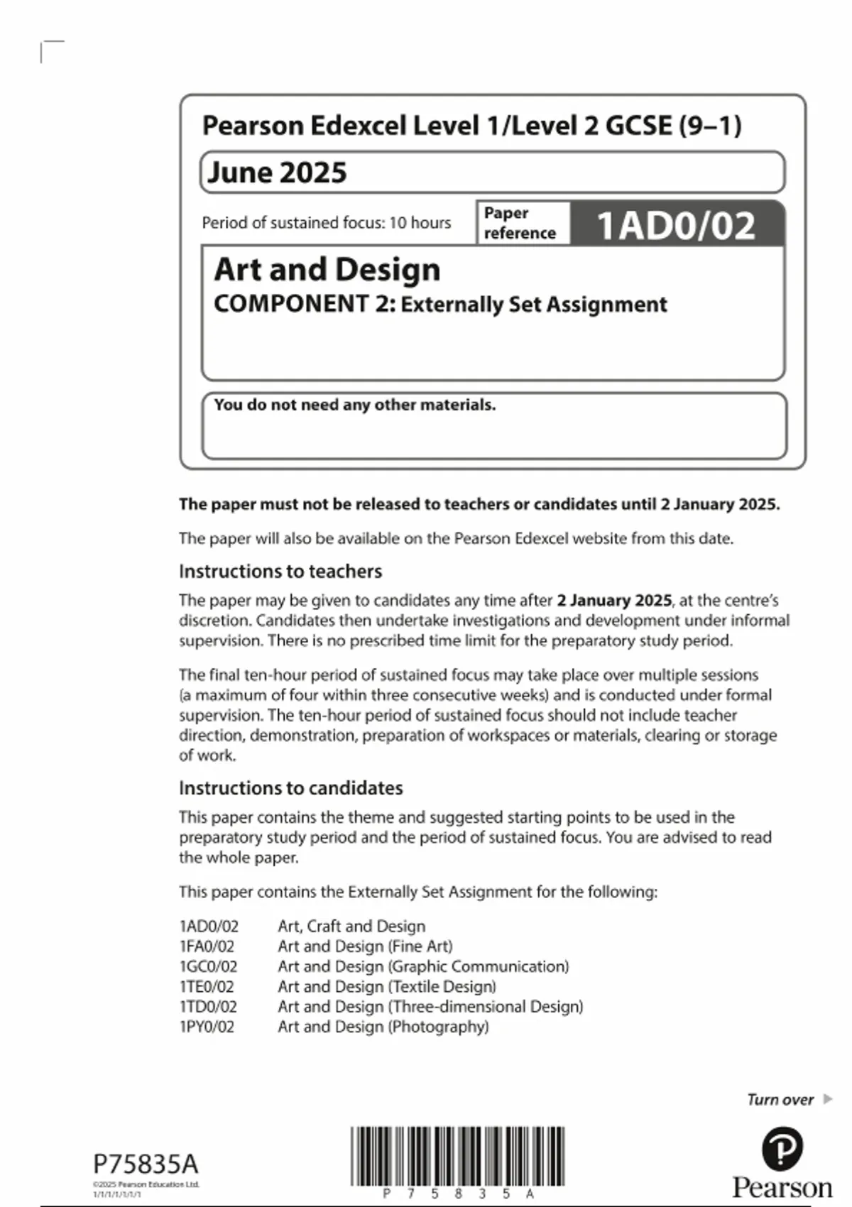 2025 PEARSON EDEXCEL GCSE ART AND DESIGN PAPER 2 QUESTION PAPER (1AD0 ...