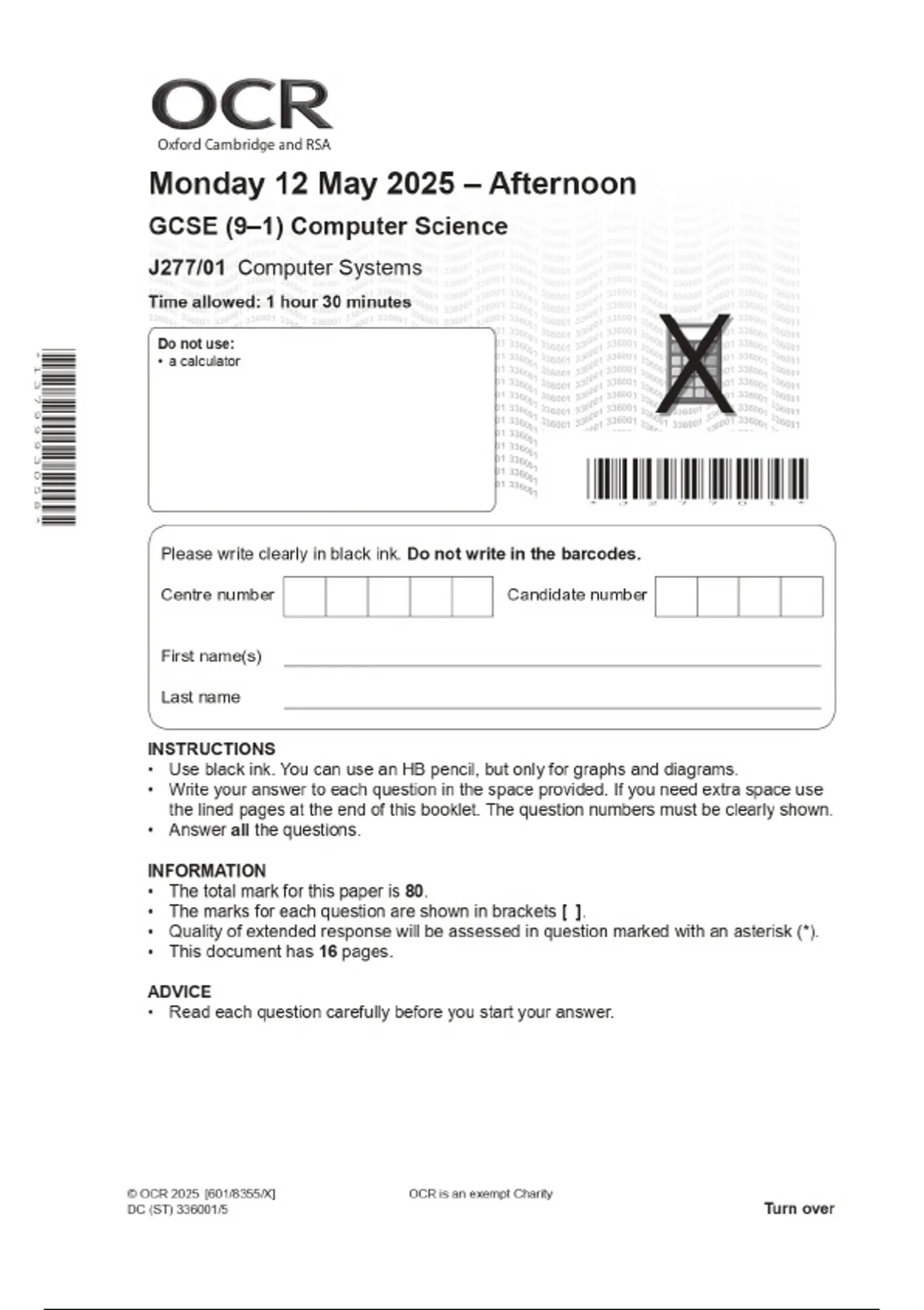 OCR GCSE (9–1) Computer Science J277/01 Computer Systems Combined Question Paper & Final Marking ...