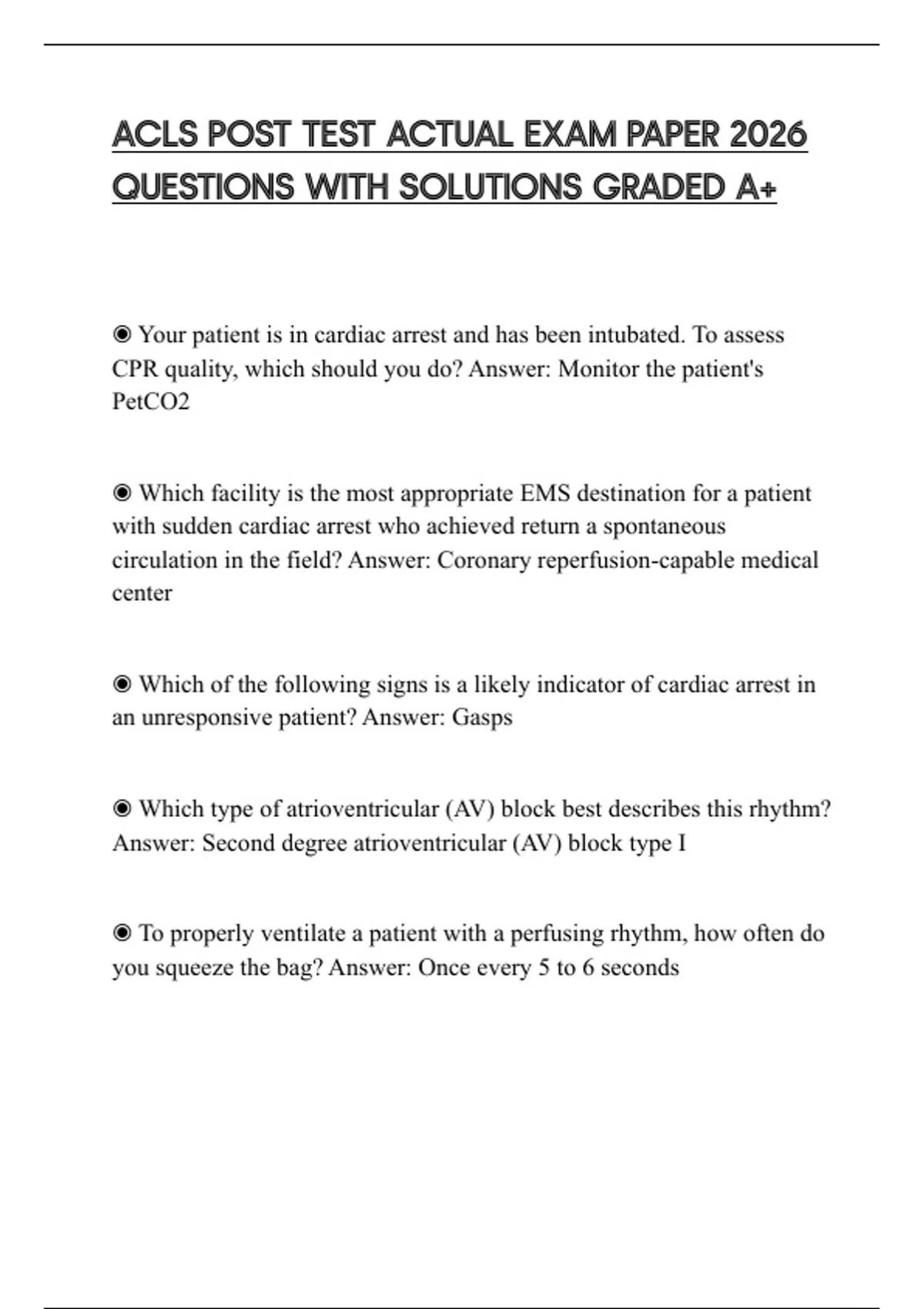 ACLS POST TEST ACTUAL EXAM PAPER 2026 QUESTIONS WITH SOLUTIONS GRADED ...