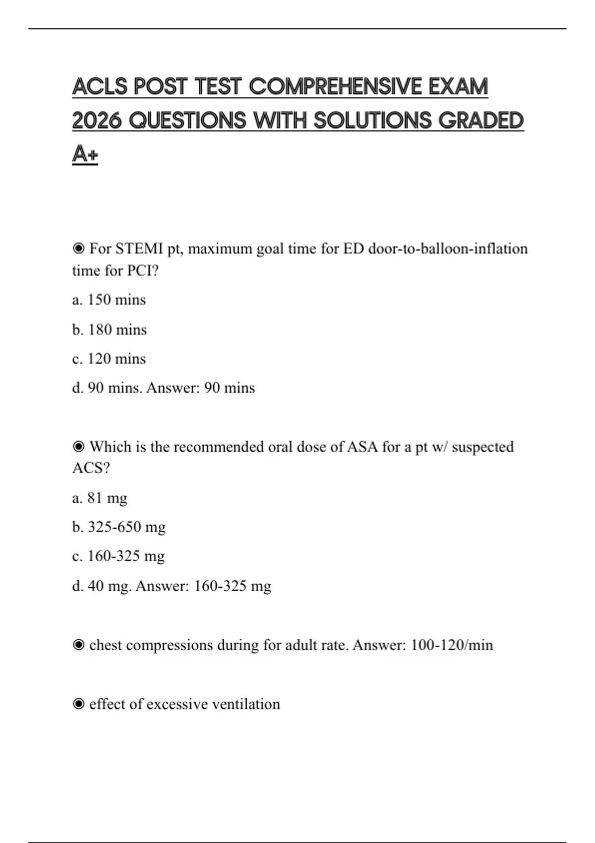 ACLS POST TEST ACTUAL EXAM PAPER 2026 QUESTIONS WITH SOLUTIONS GRADED ...
