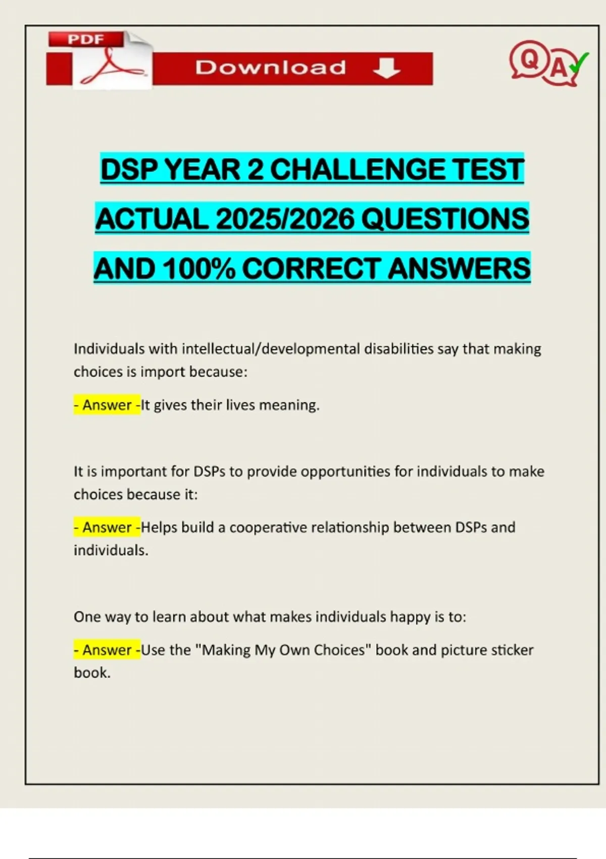 DSP YEAR 2 CHALLENGE TEST ACTUAL 2025/2026 QUESTIONS AND 100% CORRECT ...