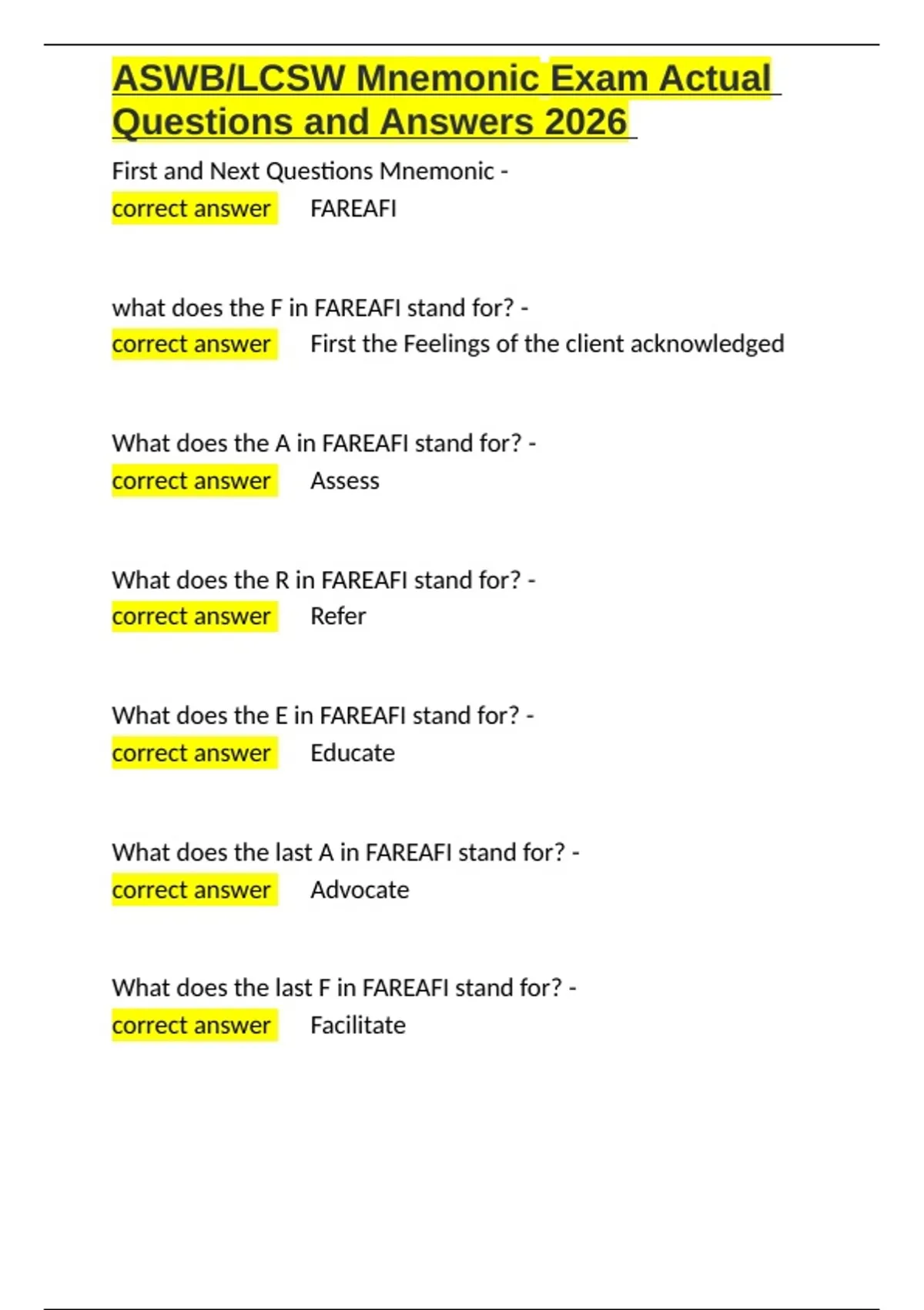 ASWB LCSW Mnemonic Exam Actual Questions and Answers 2026.docx - LCSW ...