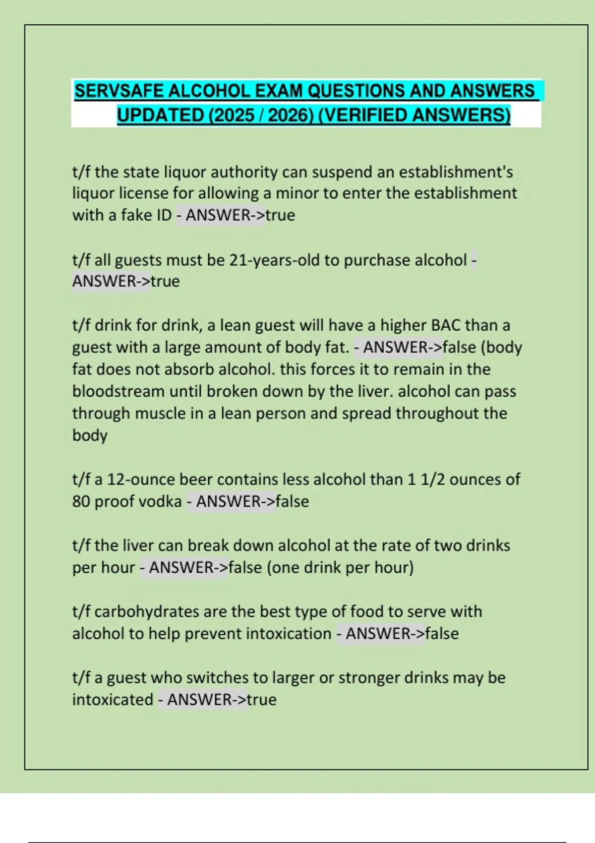 SERVSAFE ALCOHOL EXAM QUESTIONS AND ANSWERS UPDATED (2025/2026 ...