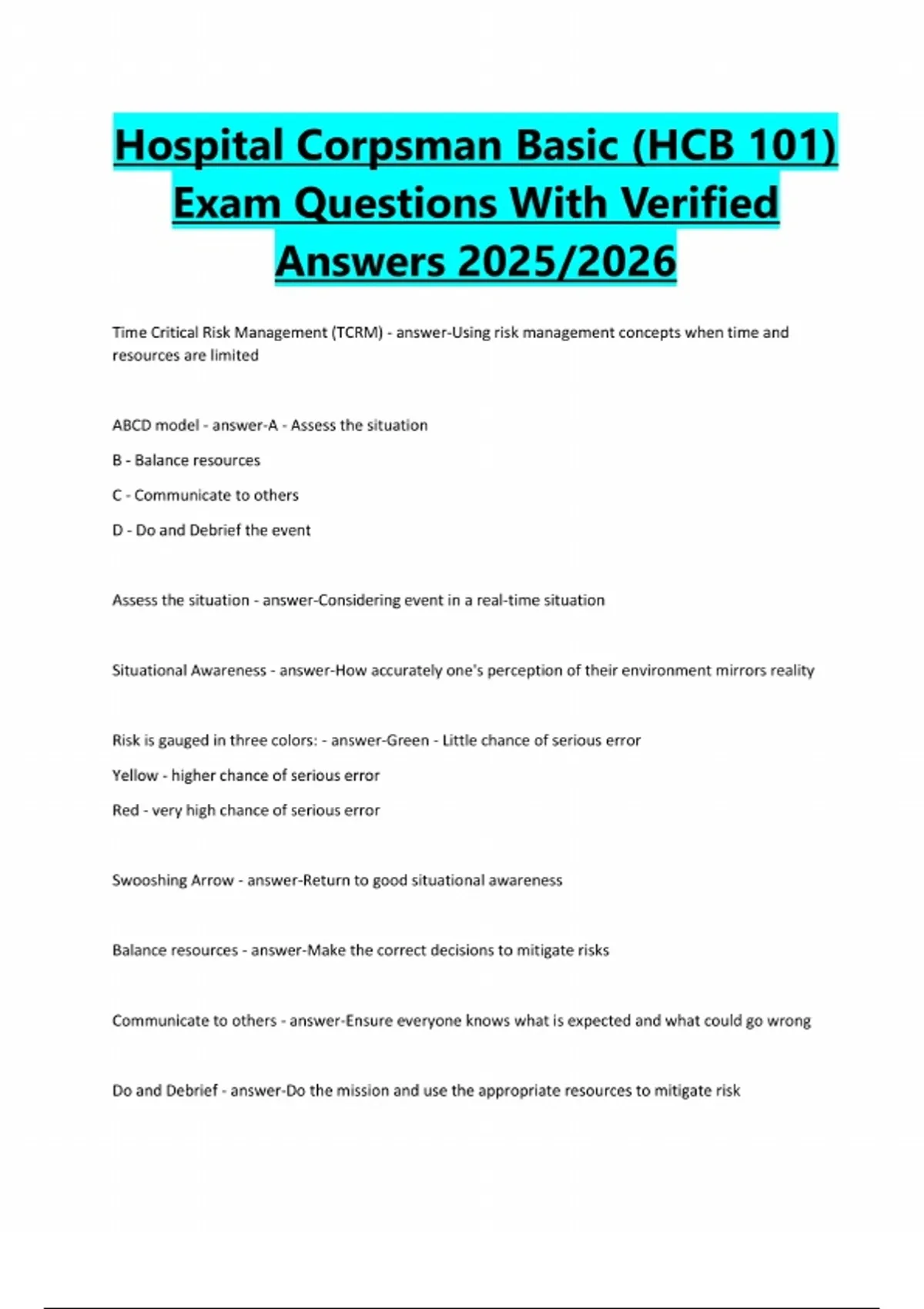 Hospital Corpsman Basic (HCB 101) Exam Questions With Verified Answers ...