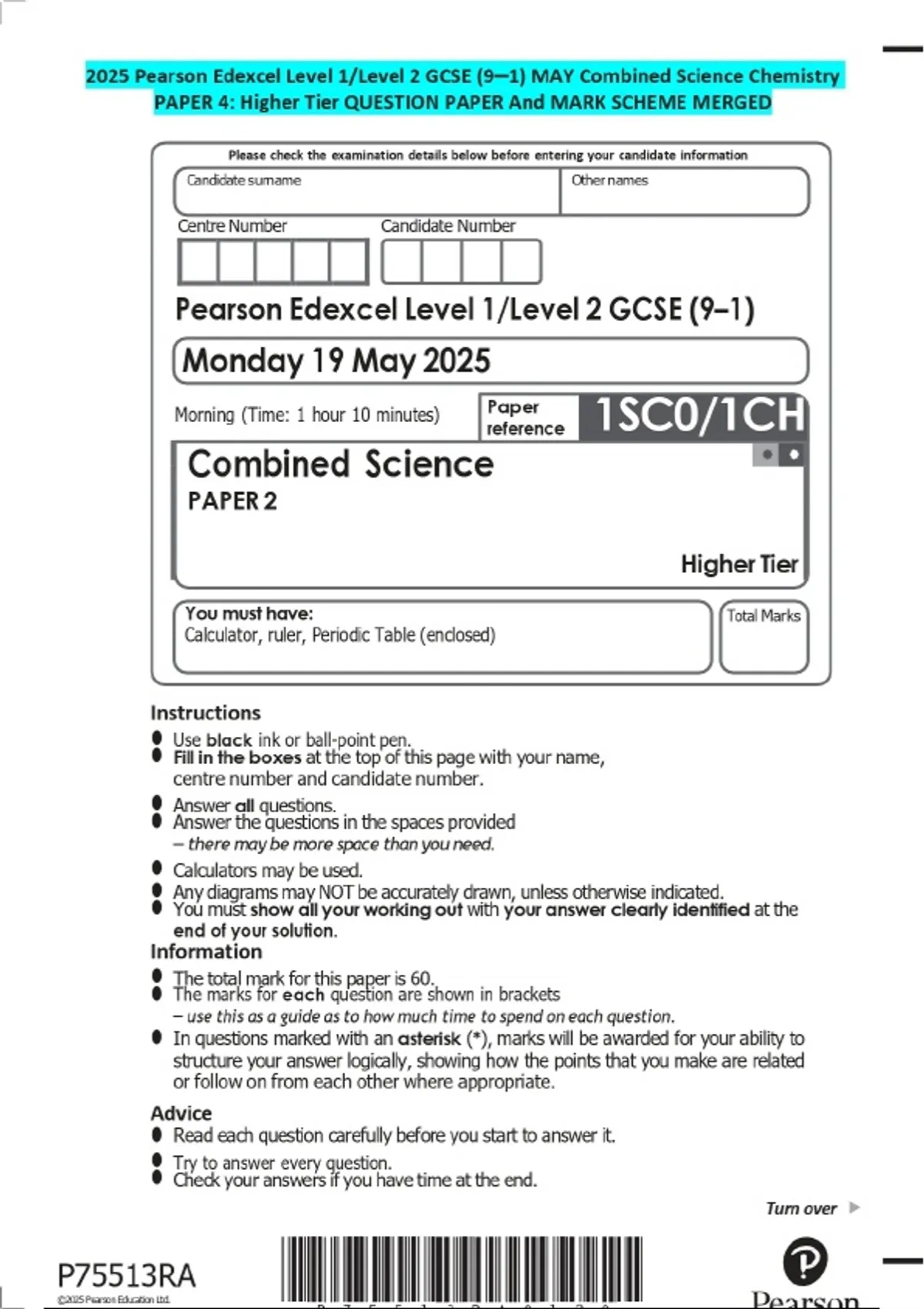 2025 Pearson Edexcel Level 1/Level 2 GCSE (9–1) MAY Combined Science ...