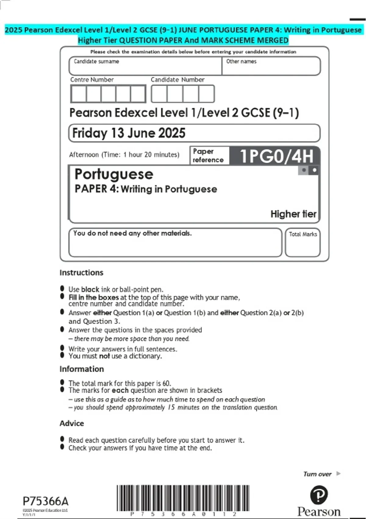 2025 Pearson Edexcel Level 1/Level 2 GCSE (9–1) JUNE PORTUGUESE PAPER 4 ...