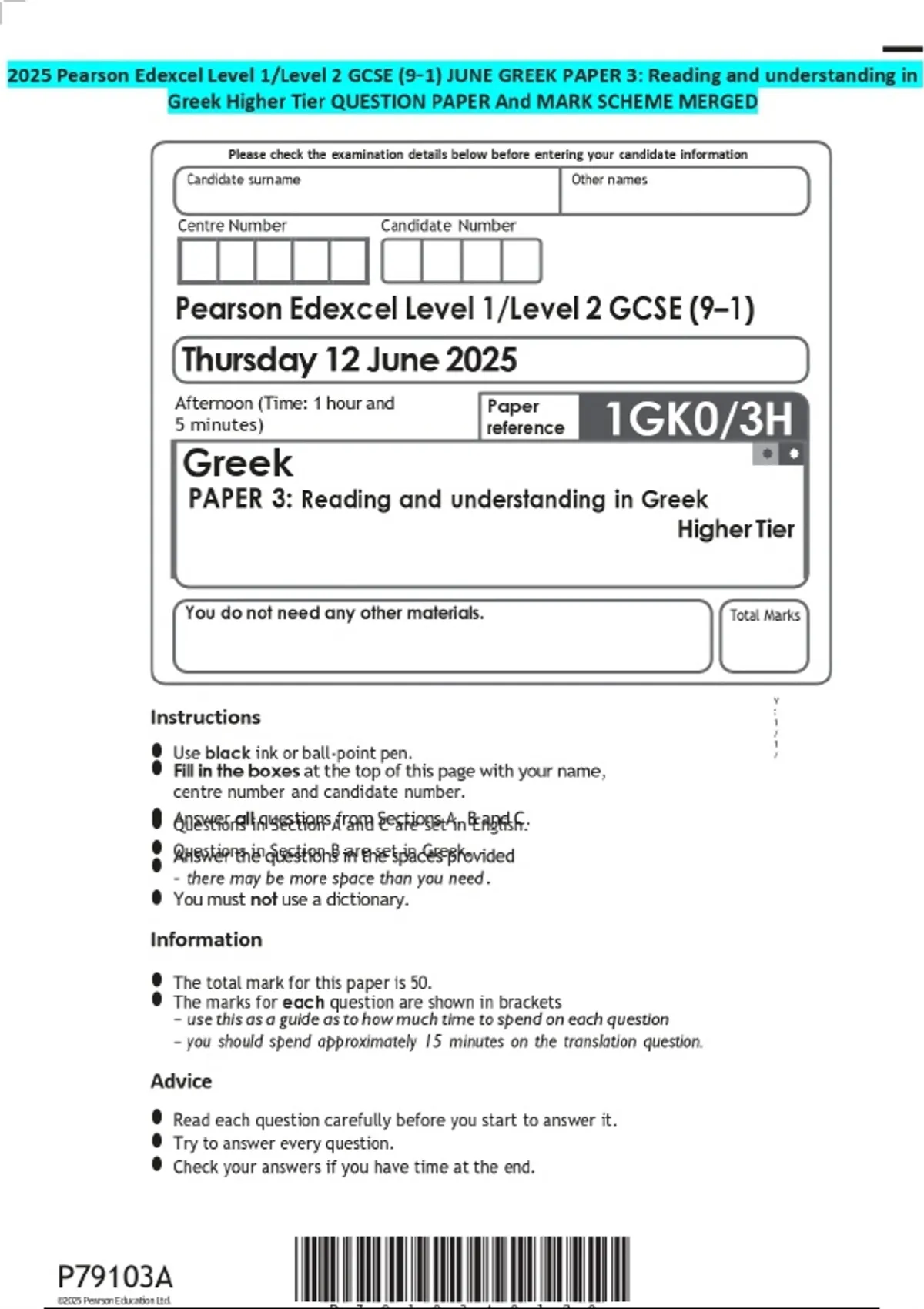 2025 Pearson Edexcel Level 1/Level 2 GCSE (9–1) JUNE GREEK PAPER 3 ...