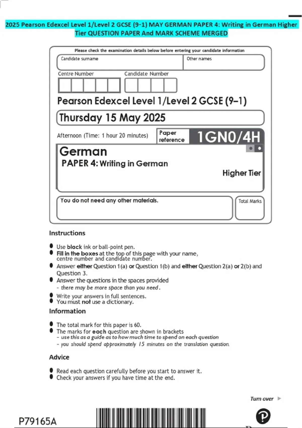 2025 Pearson Edexcel Level 1/Level 2 GCSE (9–1) MAY GERMAN PAPER 4 ...