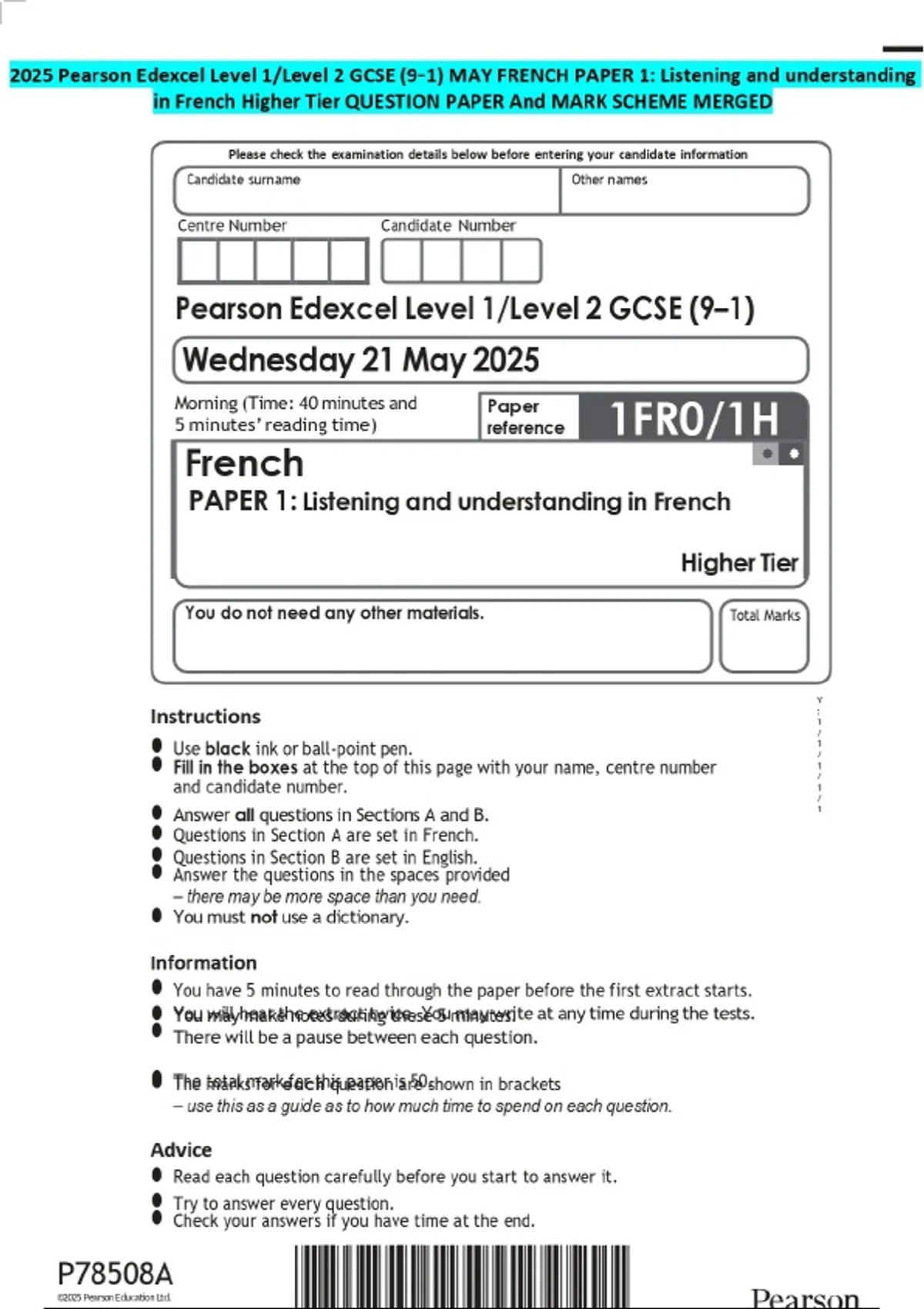 2025 Pearson Edexcel Level 1/Level 2 GCSE (9–1) MAY FRENCH PAPER 1 ...