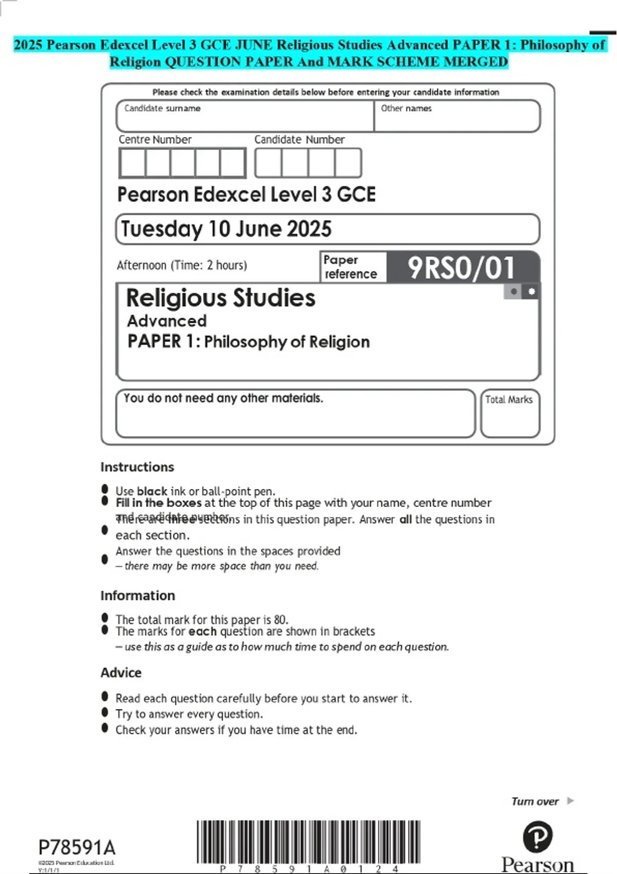 2025 Pearson Edexcel Level 3 GCE JUNE Religious Studies Advanced PAPER ...