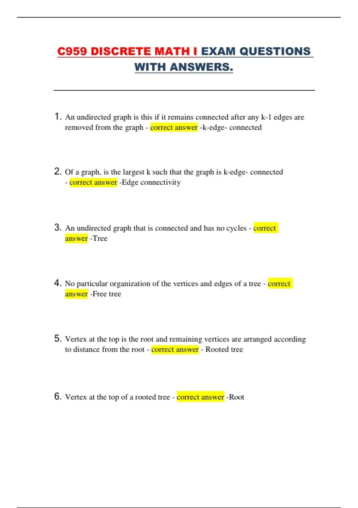 C959 – Discrete Mathematics I Exam Questions with Answers – WGU 2025 ...