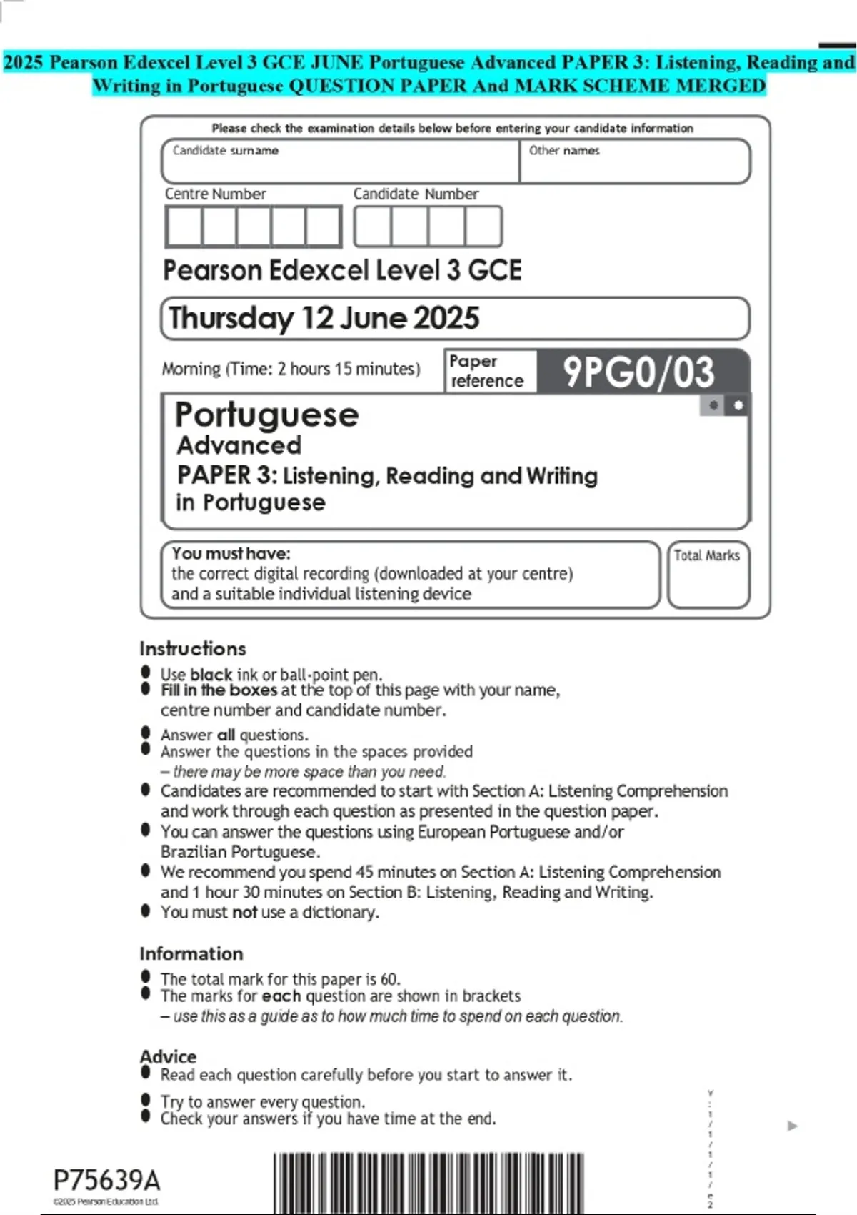 2025 Pearson Edexcel Level 3 GCE JUNE Portuguese Advanced PAPER 3 ...