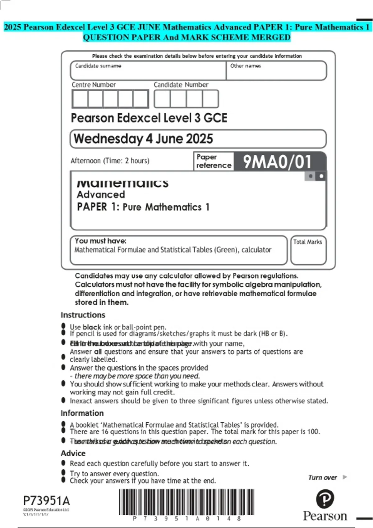 2025 Pearson Edexcel Level 3 GCE JUNE Mathematics Advanced PAPER 1 ...