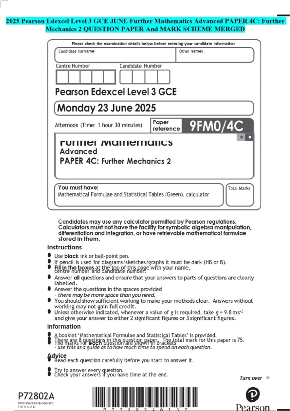 2025 Pearson Edexcel Level 3 GCE JUNE Further Mathematics Advanced ...