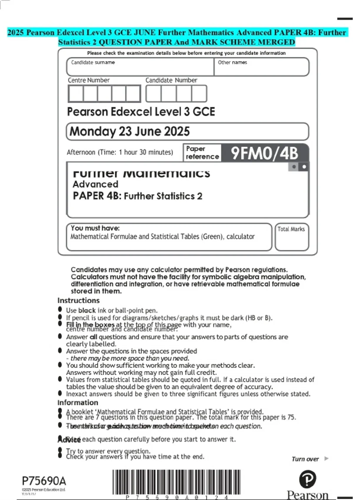 2025 Pearson Edexcel Level 3 GCE JUNE Further Mathematics Advanced ...