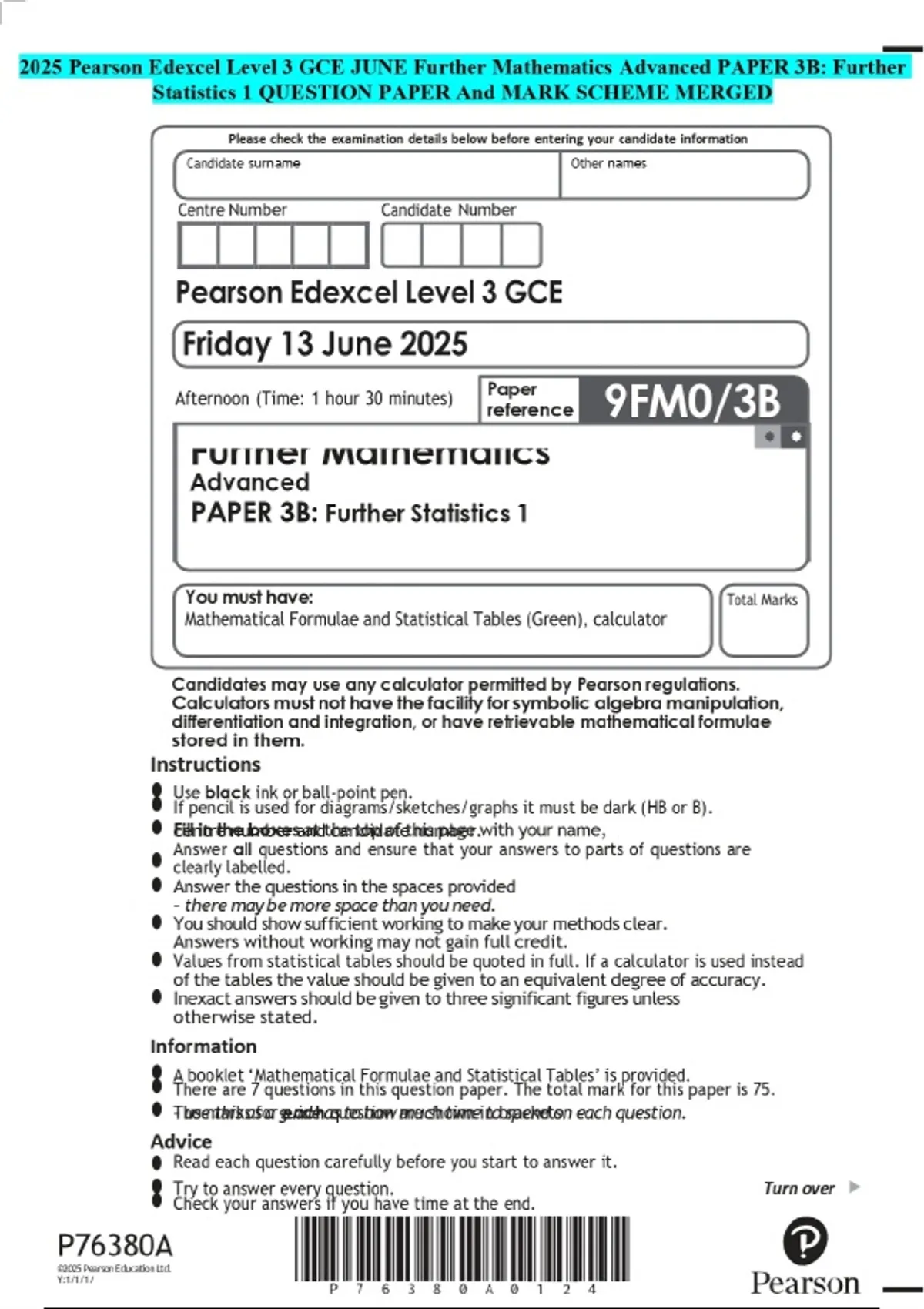 2025 Pearson Edexcel Level 3 GCE JUNE Further Mathematics Advanced ...