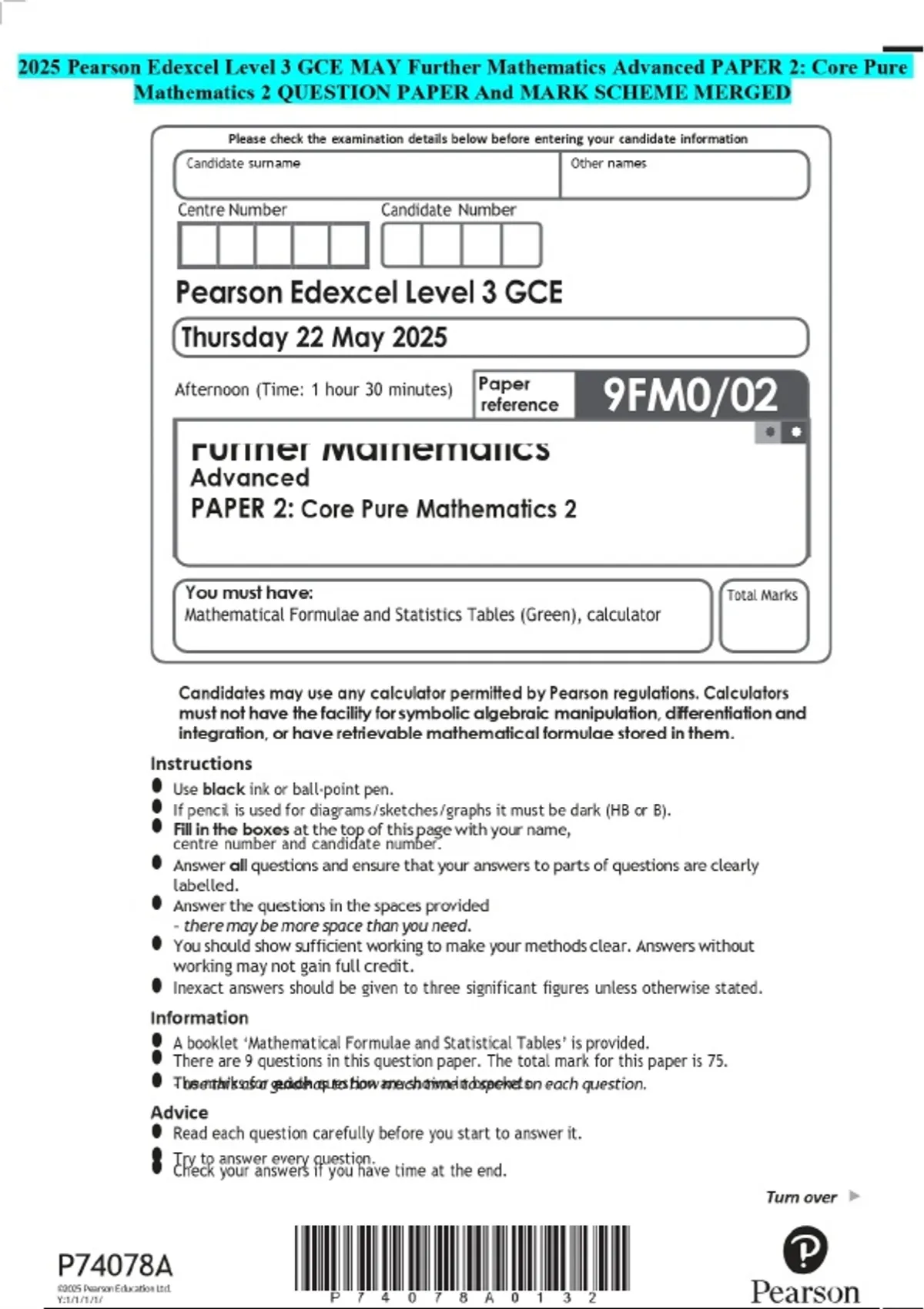 2025 Pearson Edexcel Level 3 GCE MAY Further Mathematics Advanced PAPER ...