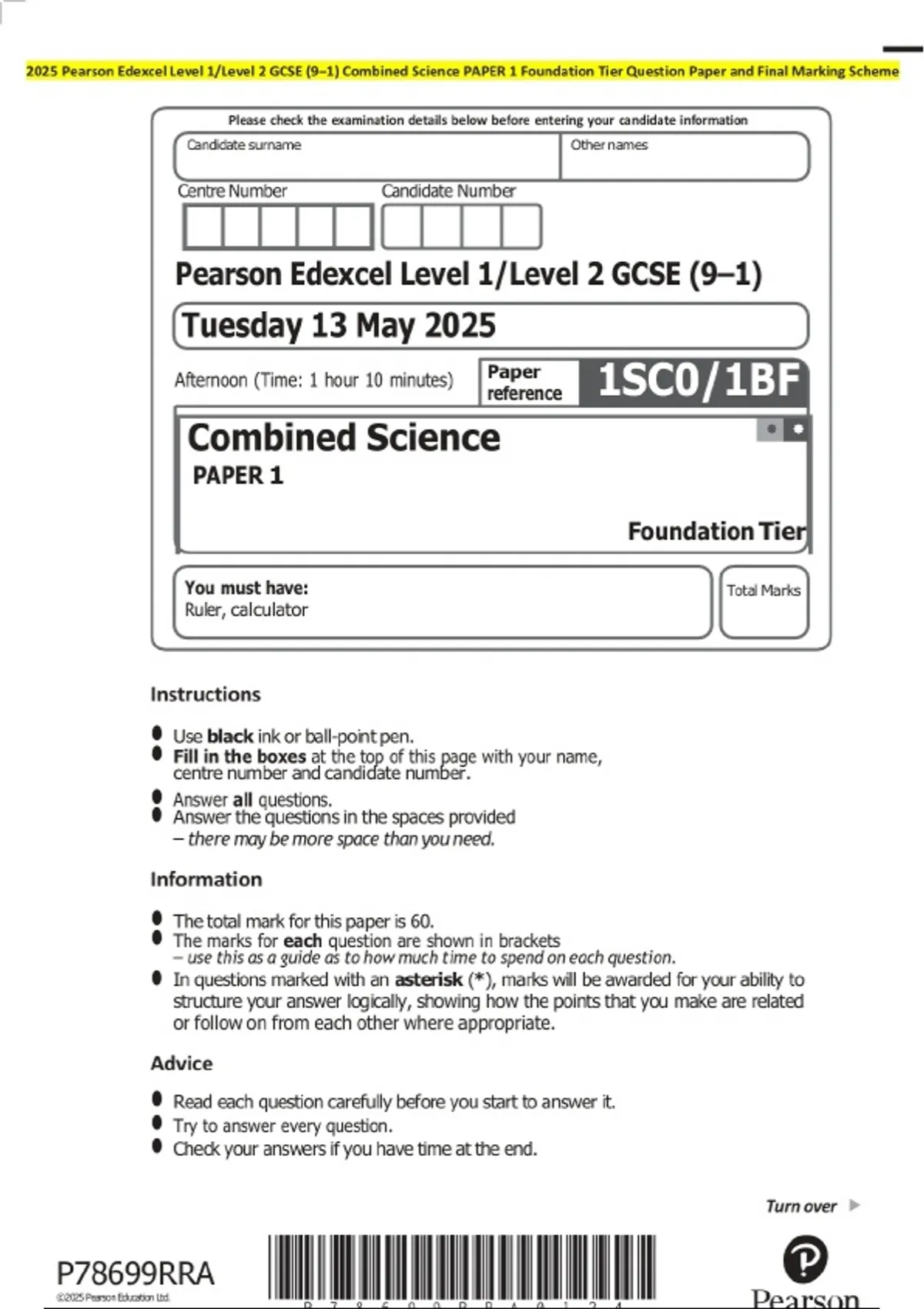2025 Pearson Edexcel Level 1/Level 2 GCSE (9–1) Combined Science PAPER ...