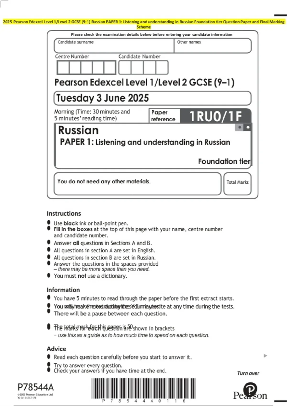 2025 Pearson Edexcel Level 1/Level 2 GCSE (9–1) Russian PAPER 1 ...