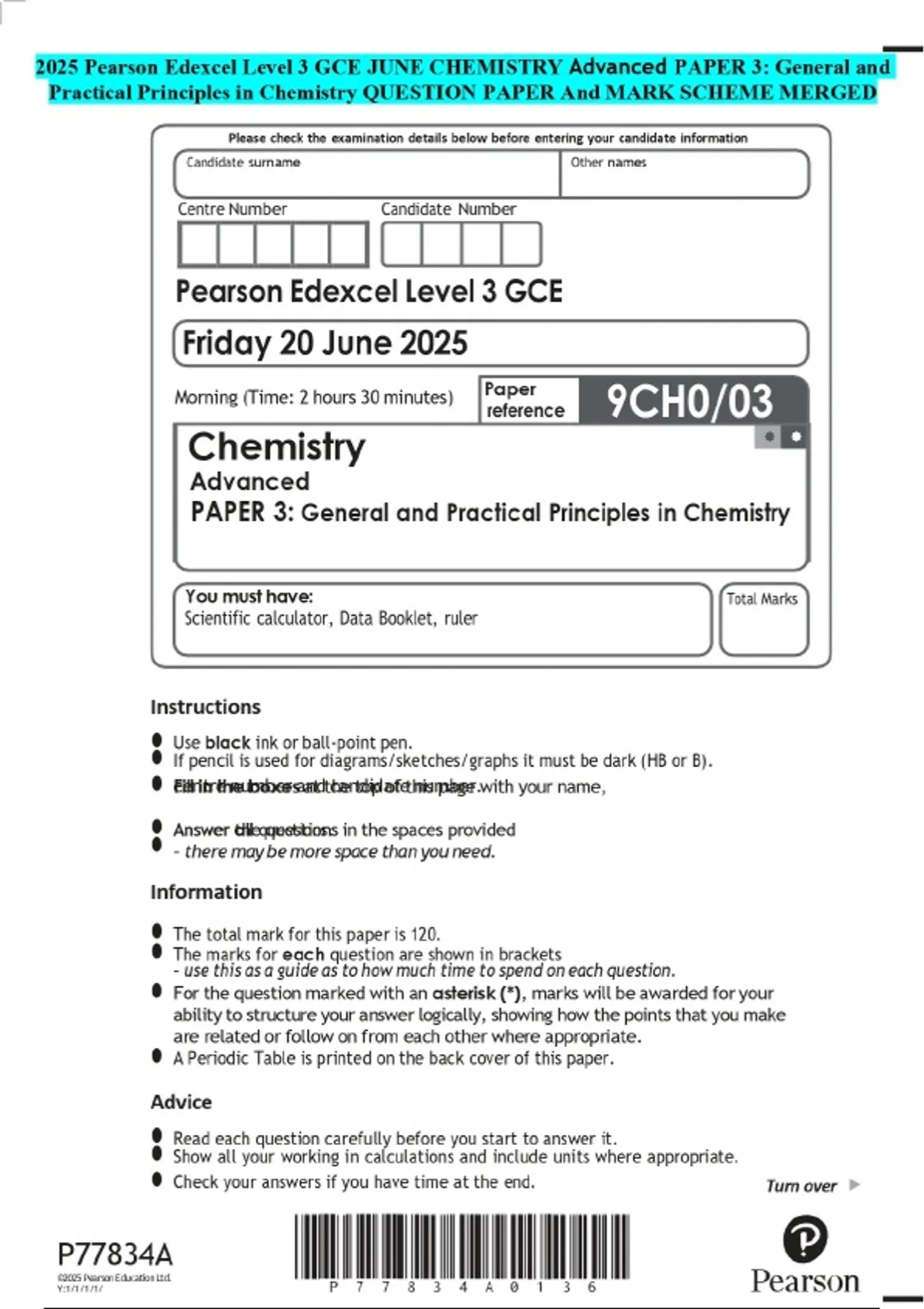 2025 Pearson Edexcel Level 3 GCE JUNE CHEMISTRY Advanced PAPER 3 ...