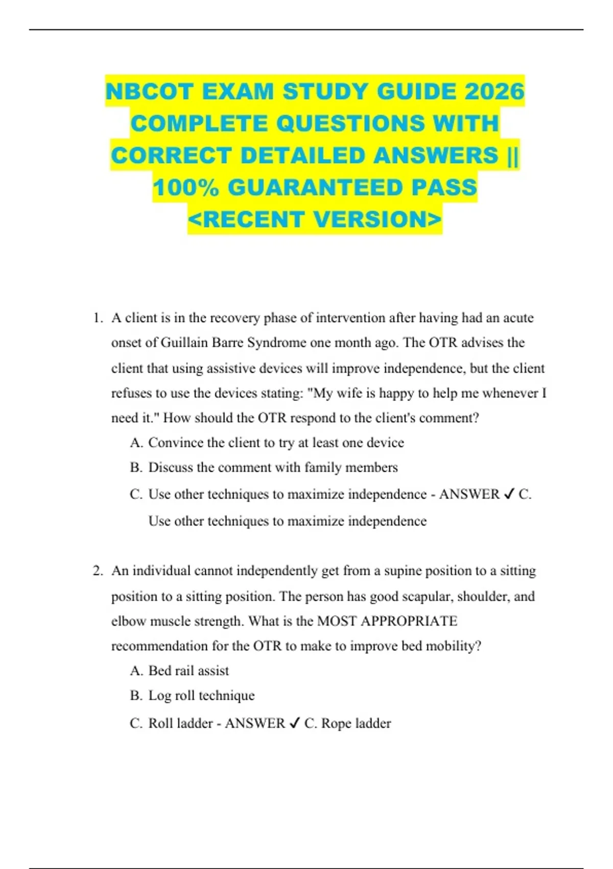 NBCOT EXAM STUDY GUIDE 2026 COMPLETE QUESTIONS WITH CORRECT DETAILED ...
