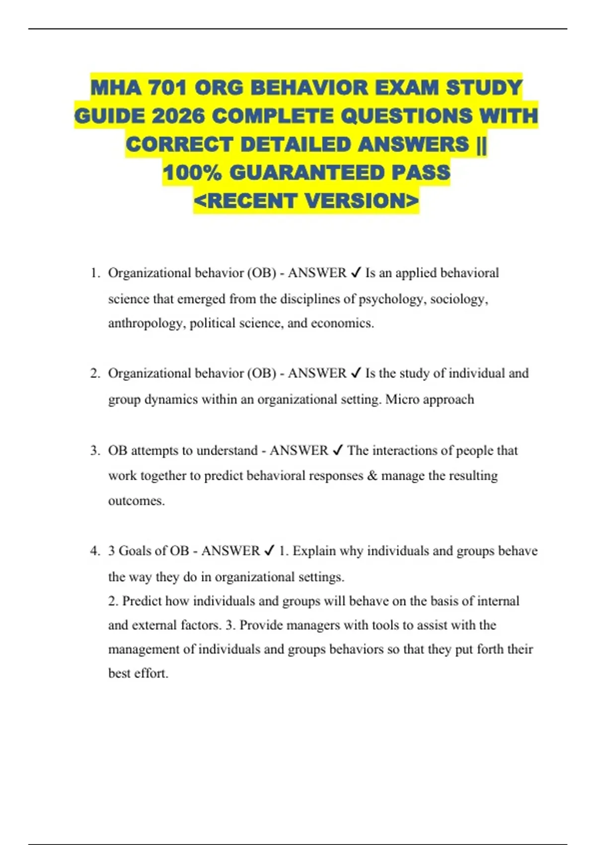 MHA 701 ORG BEHAVIOR EXAM STUDY GUIDE 2026 COMPLETE QUESTIONS WITH ...