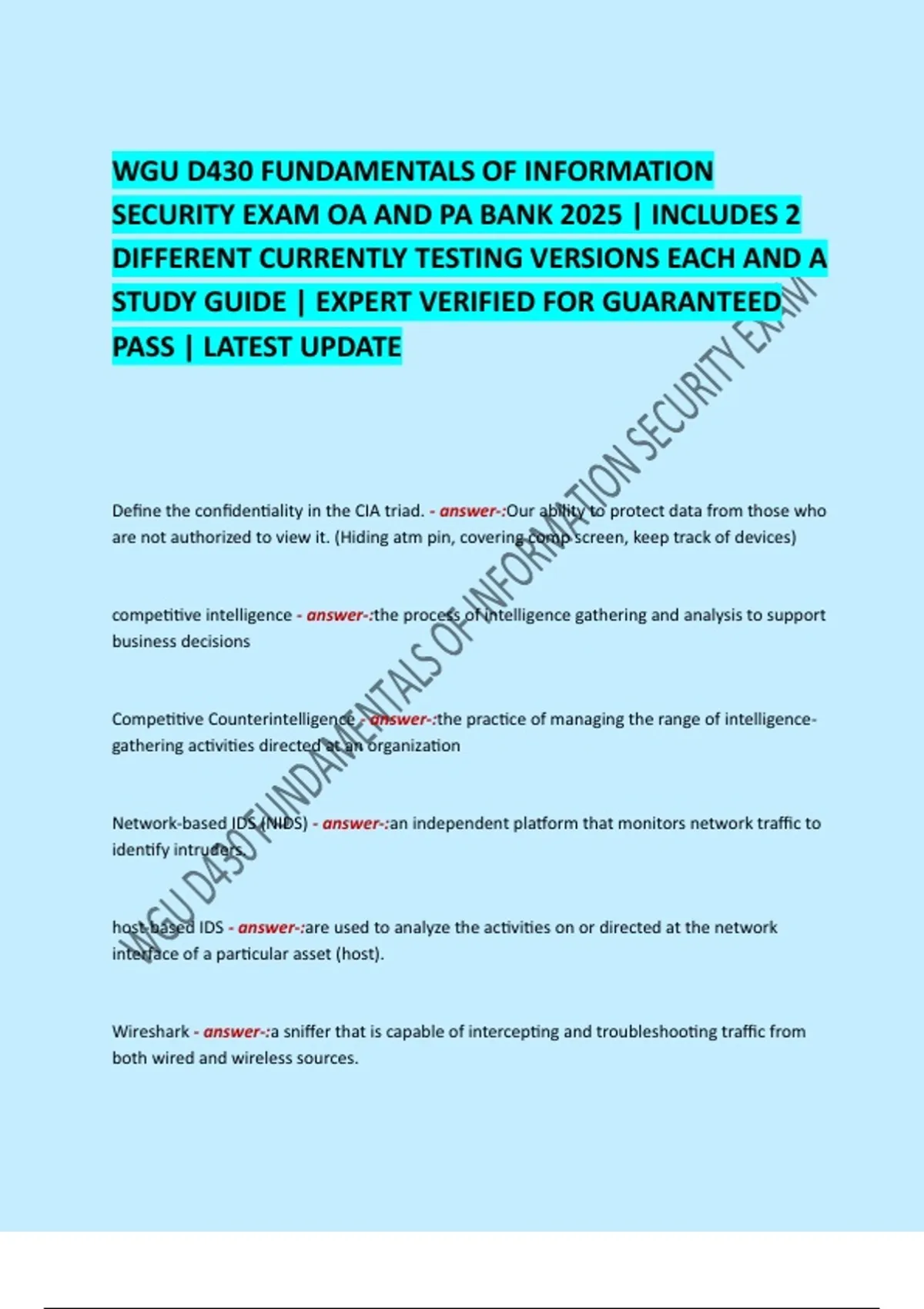 WGU D430 FUNDAMENTALS OF INFORMATION SECURITY EXAM OA AND PA BANK 2025 ...