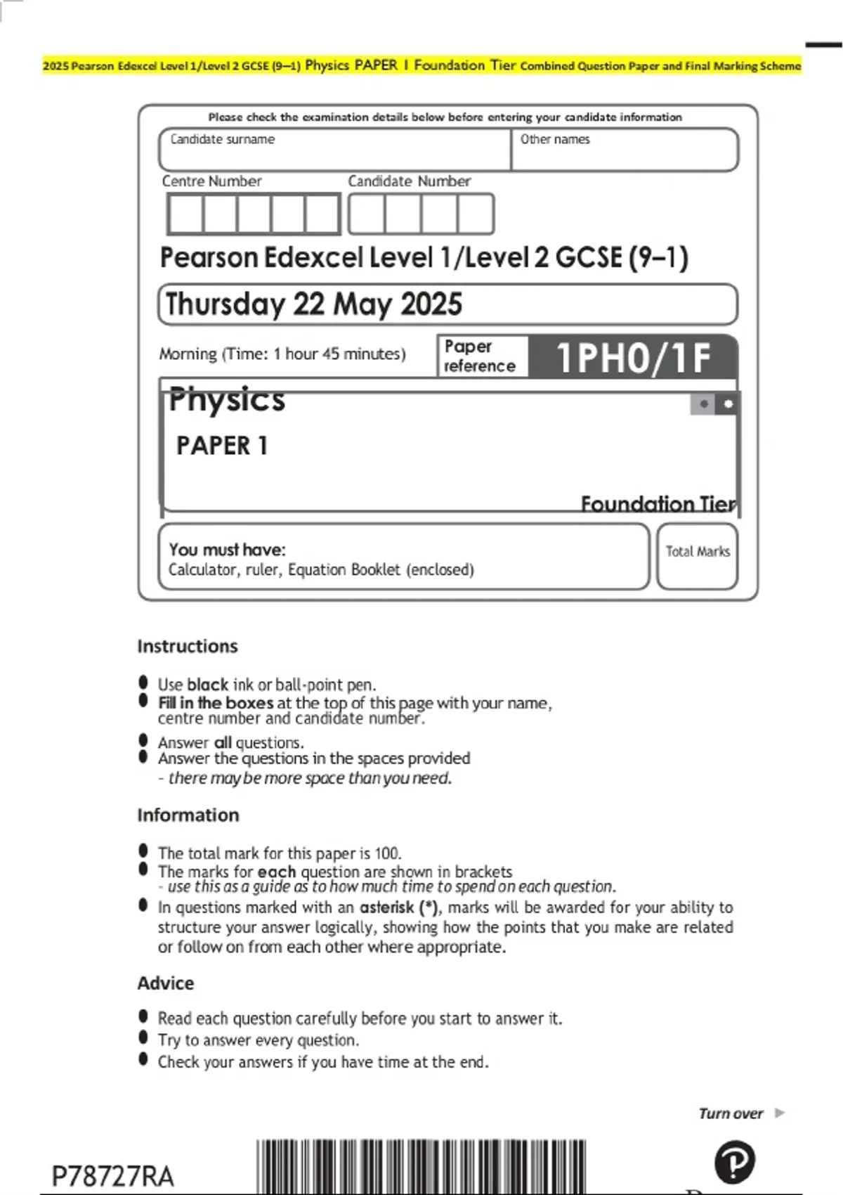 2025 Pearson Edexcel Level 1/Level 2 GCSE (9–1) Physics PAPER 1 ...