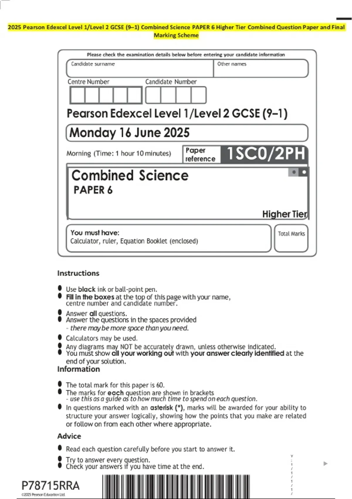 2025 Pearson Edexcel Level 1/Level 2 GCSE (9–1) Combined Science PAPER ...