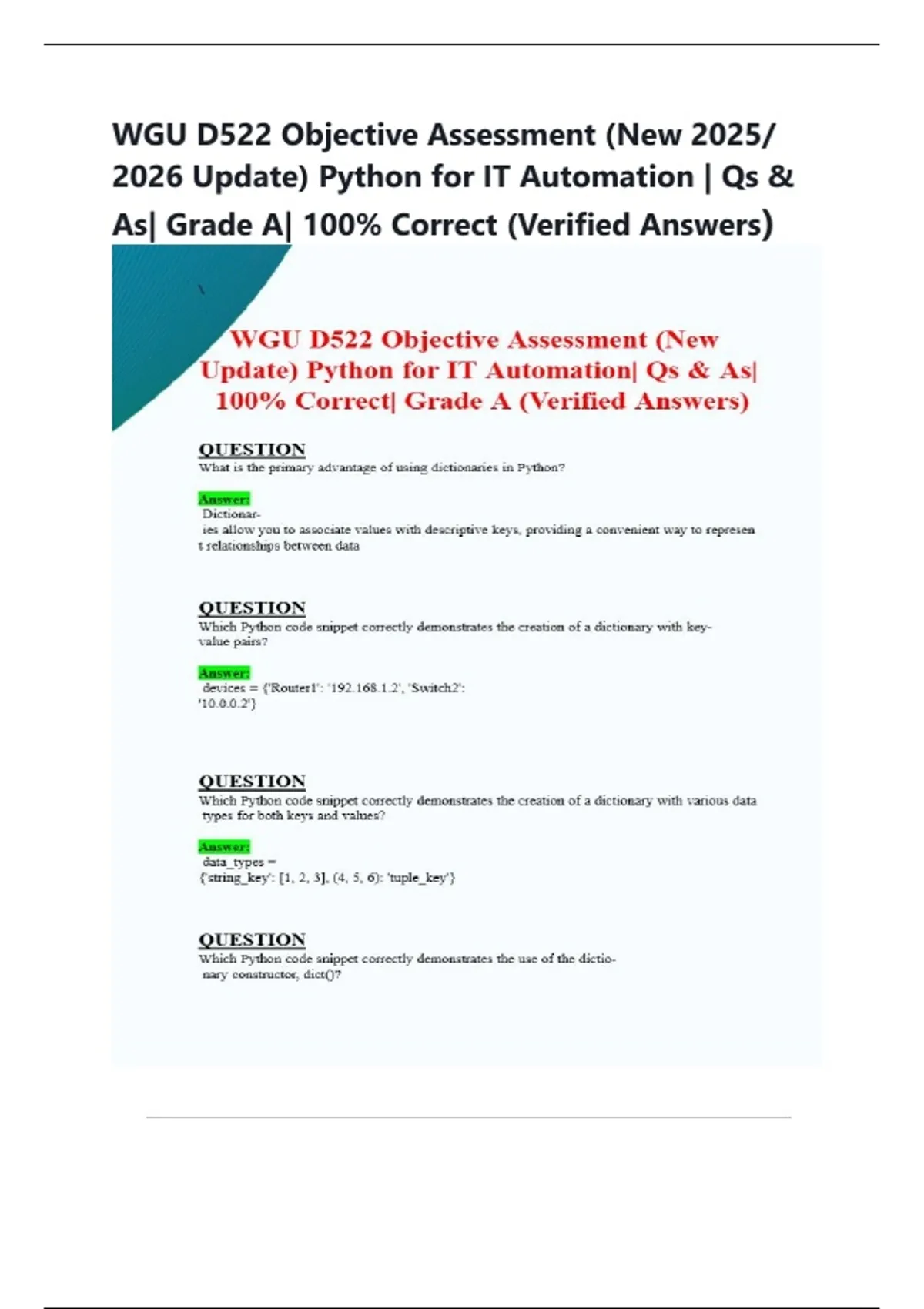 WGU D522 Objective Assessment (New 2025/ 2026 Update) Python for IT Automation | Qs & As| Grade ...