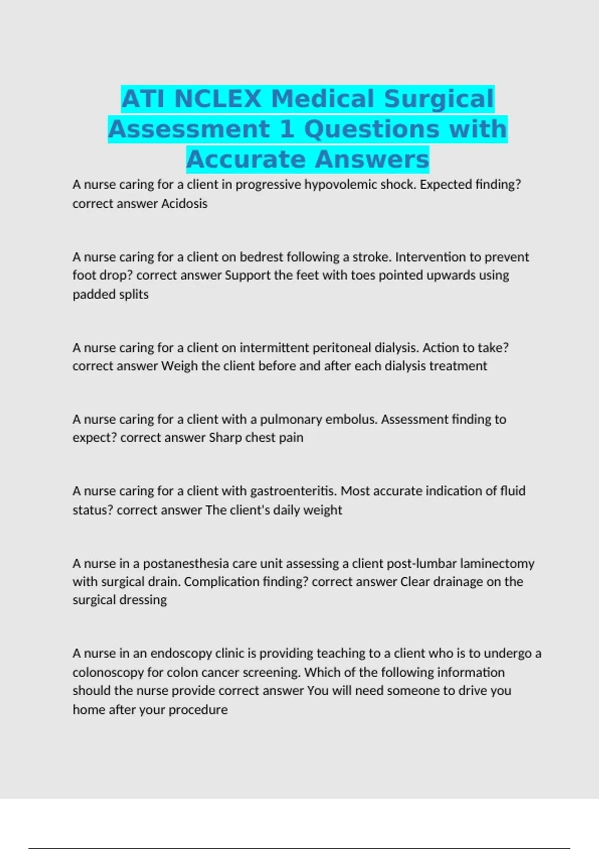 ATI NCLEX Medical Surgical Assessment 1 Questions with Accurate Answers ...