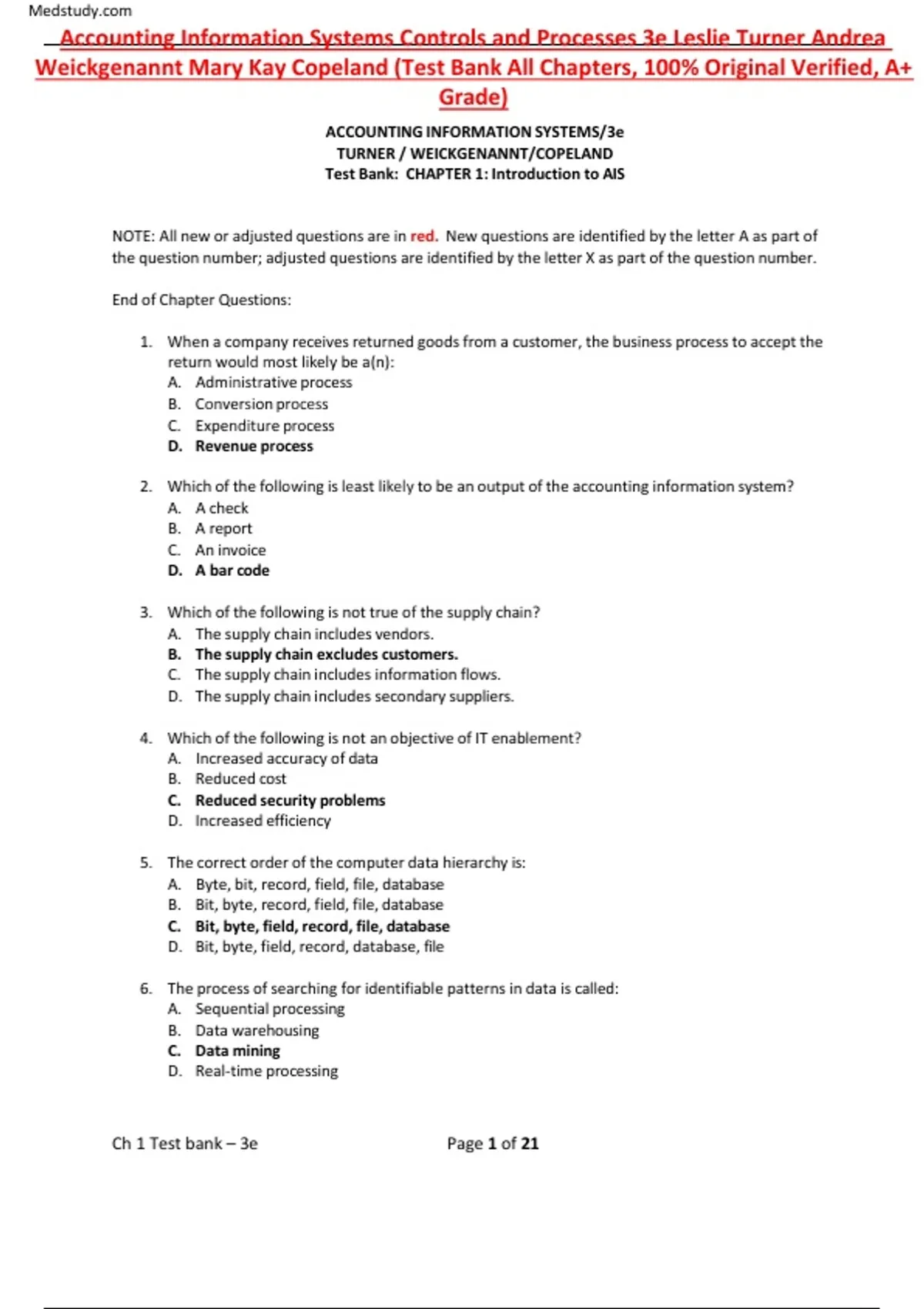 Test Bank Accounting Information Systems Controls and Processes 3e by ...
