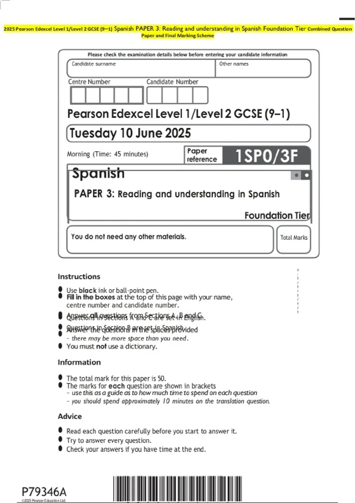 2025 Pearson Edexcel Level 1/Level 2 GCSE (9–1) Spanish PAPER 3 ...