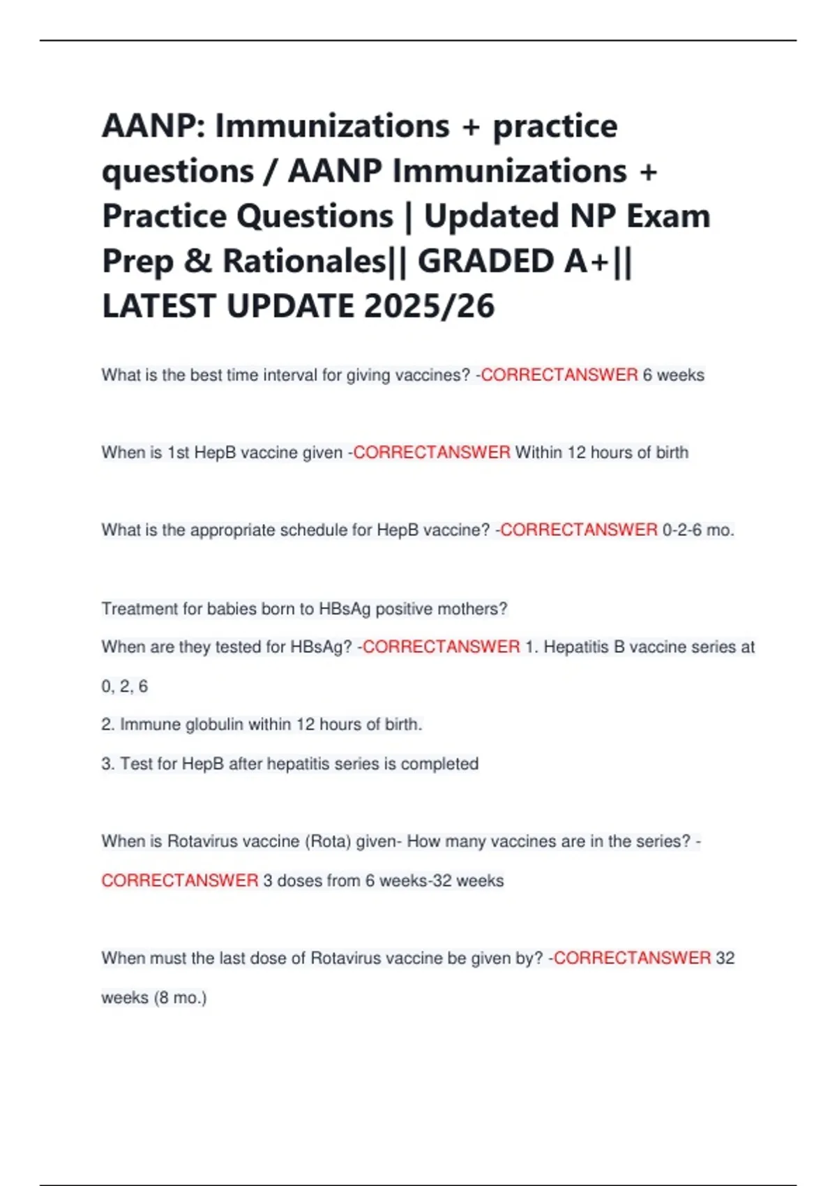 AANP: Immunizations + practice questions / AANP Immunizations ...