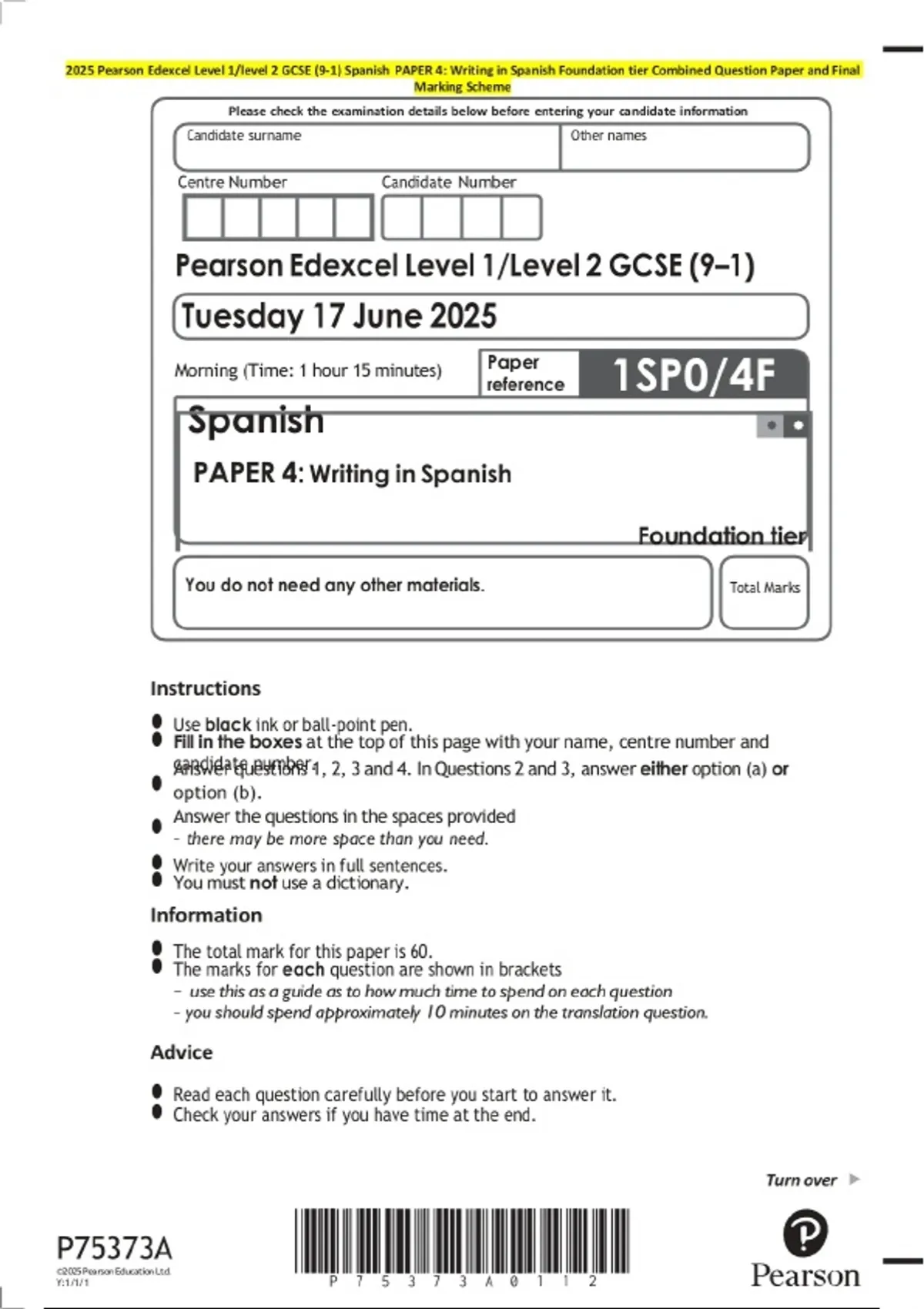 2025 Pearson Edexcel Level 1/level 2 GCSE (9-1) Spanish PAPER 4 ...