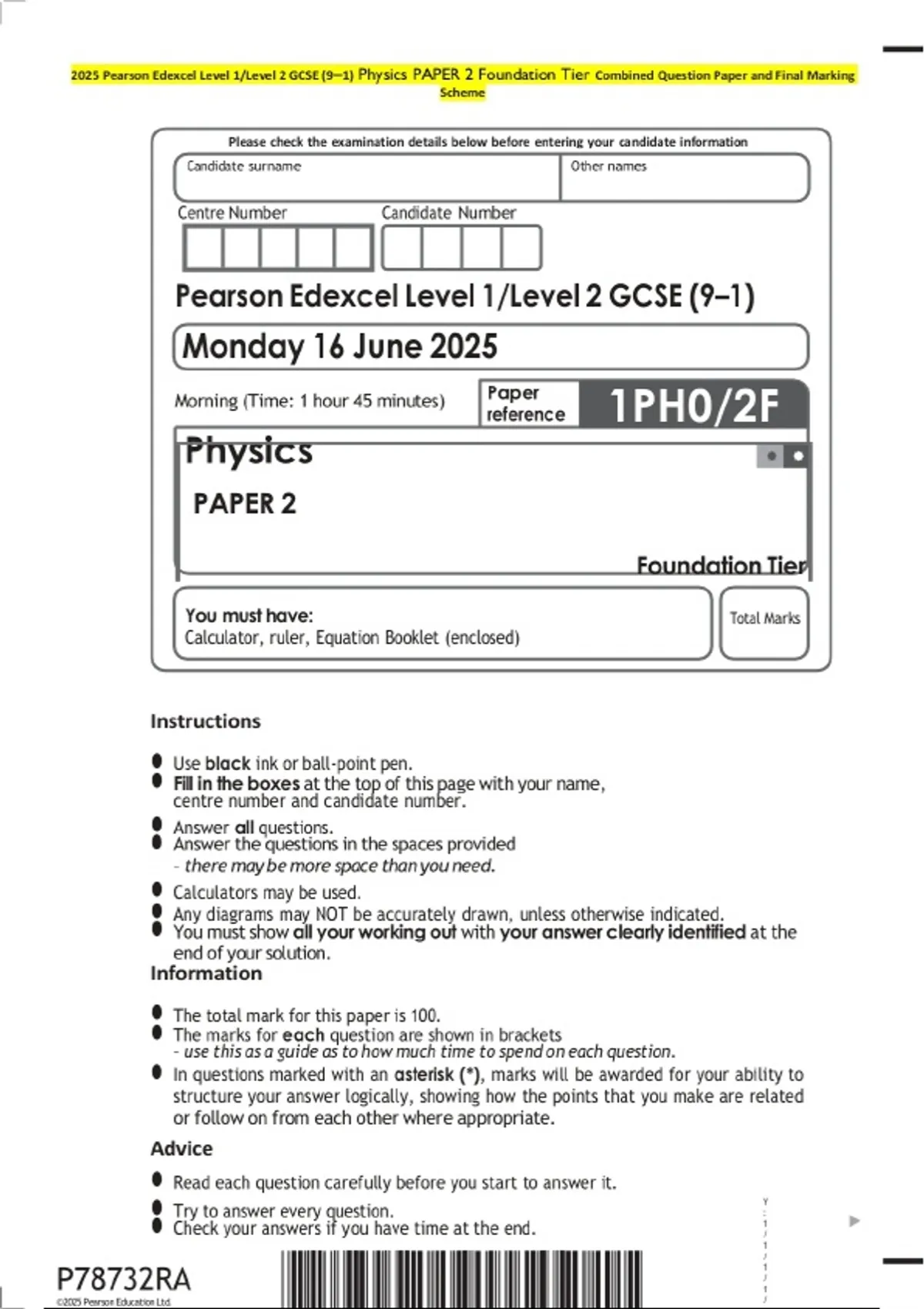 2025 Pearson Edexcel Level 1/Level 2 GCSE (9–1) Physics PAPER 2 ...