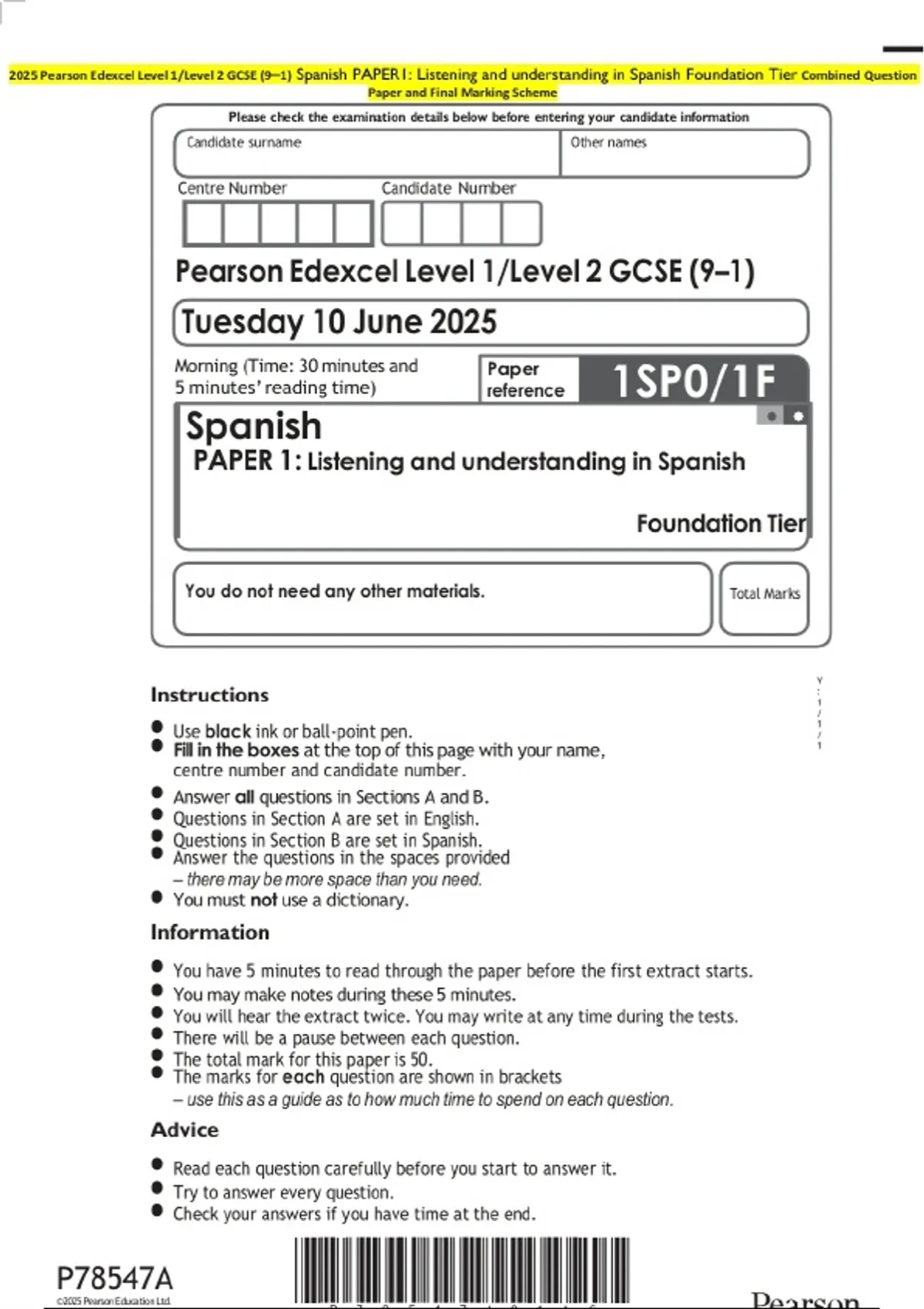 2025 Pearson Edexcel Level 1/Level 2 GCSE (9–1) Spanish PAPER1 ...