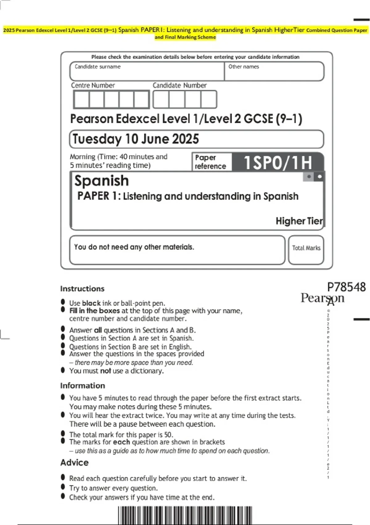 2025 Pearson Edexcel Level 1/Level 2 GCSE (9–1) Spanish PAPER1 ...