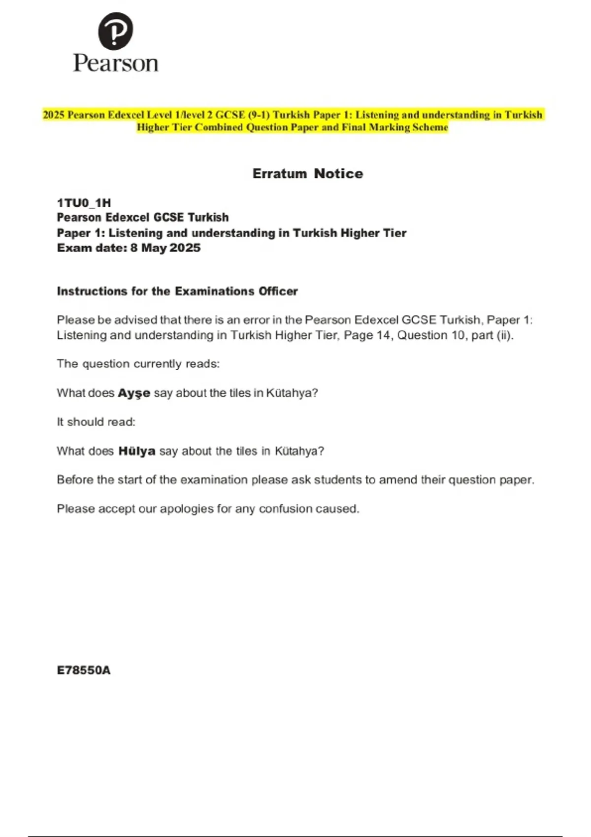 2025 Pearson Edexcel Level 1/level 2 GCSE (9-1) Turkish Paper 1 ...