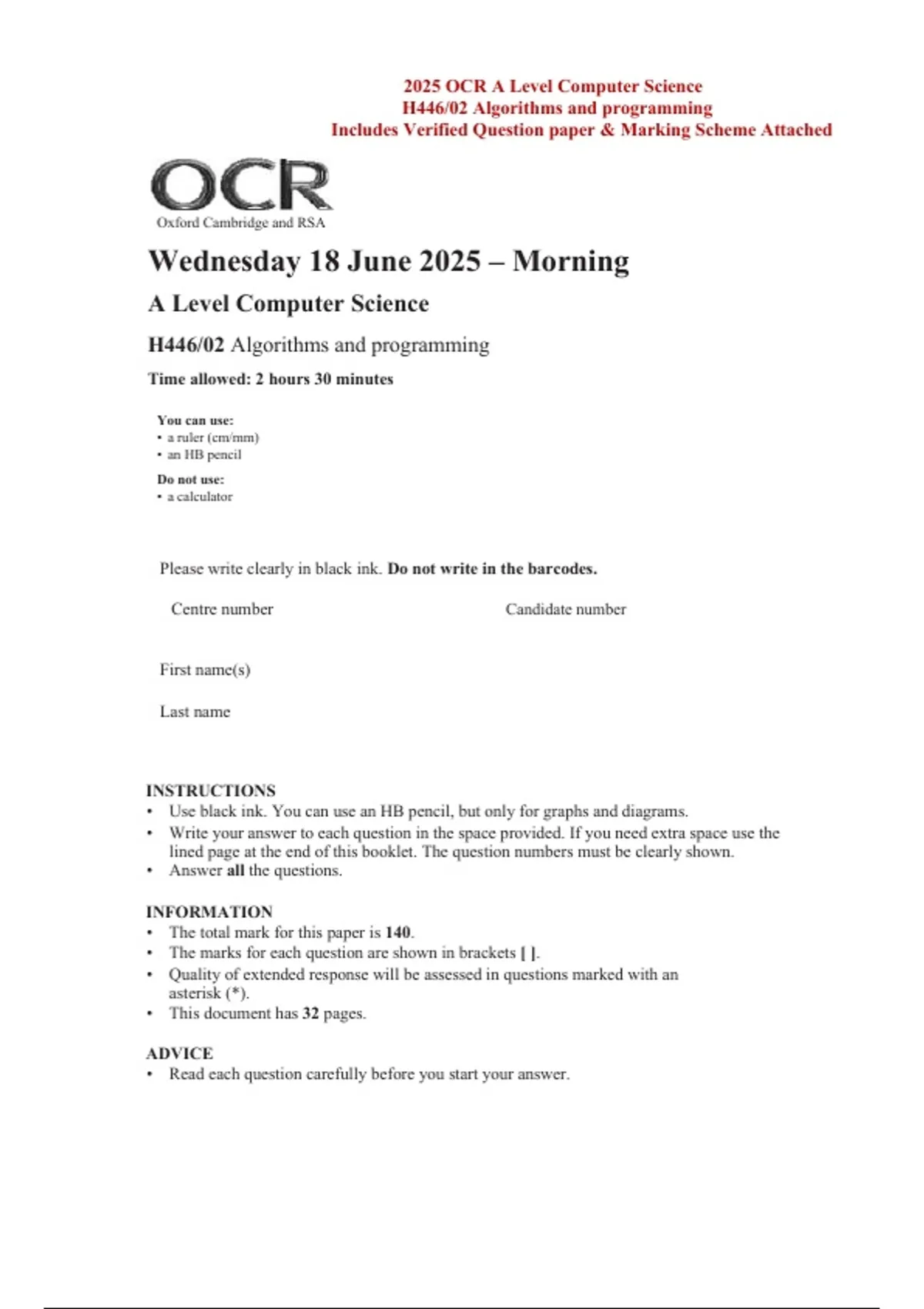 2025 OCR A Level Computer Science H446/02 Algorithms and programming Includes Verified Question ...