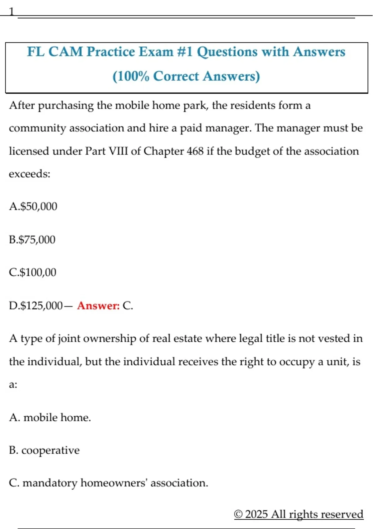 FL CAM Practice Exam #1 Questions with Answers (100% Correct Answers ...