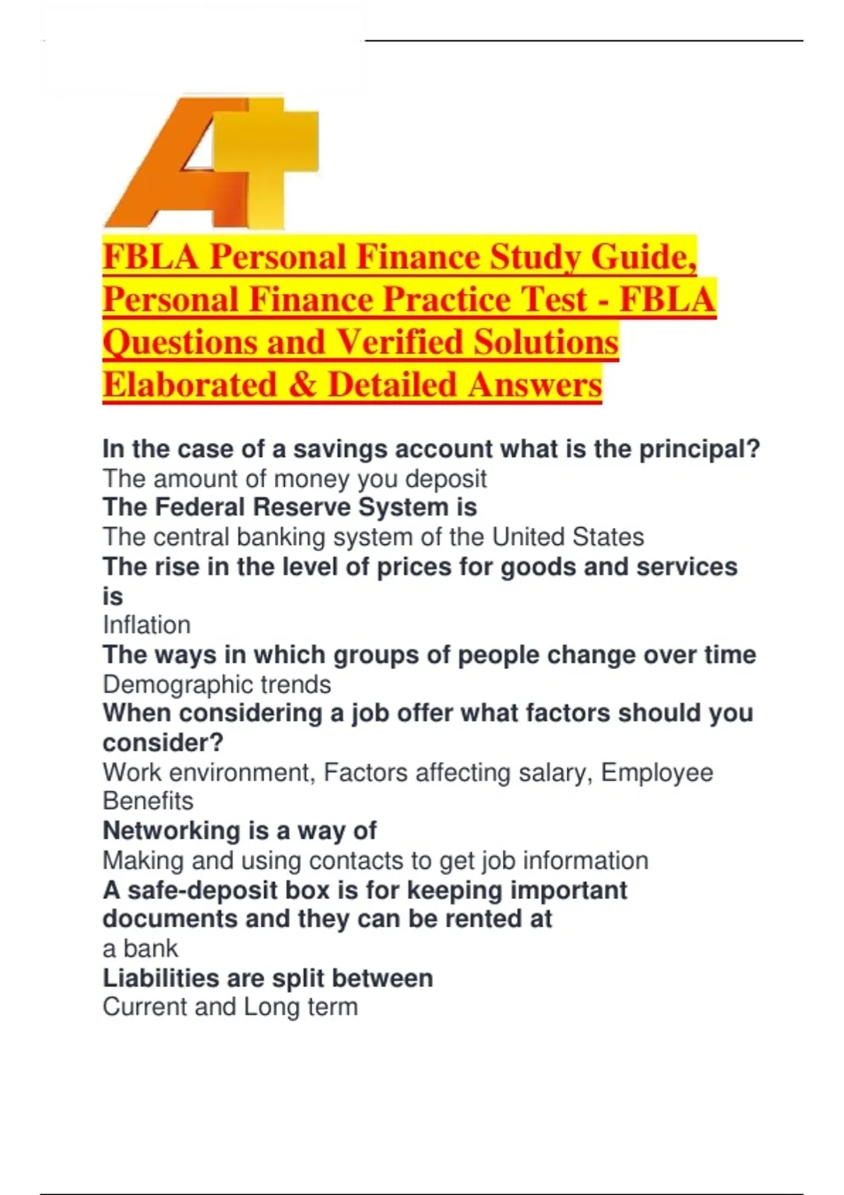 FBLA Personal Finance Study Guide Exam 4 Questions and Verified ...