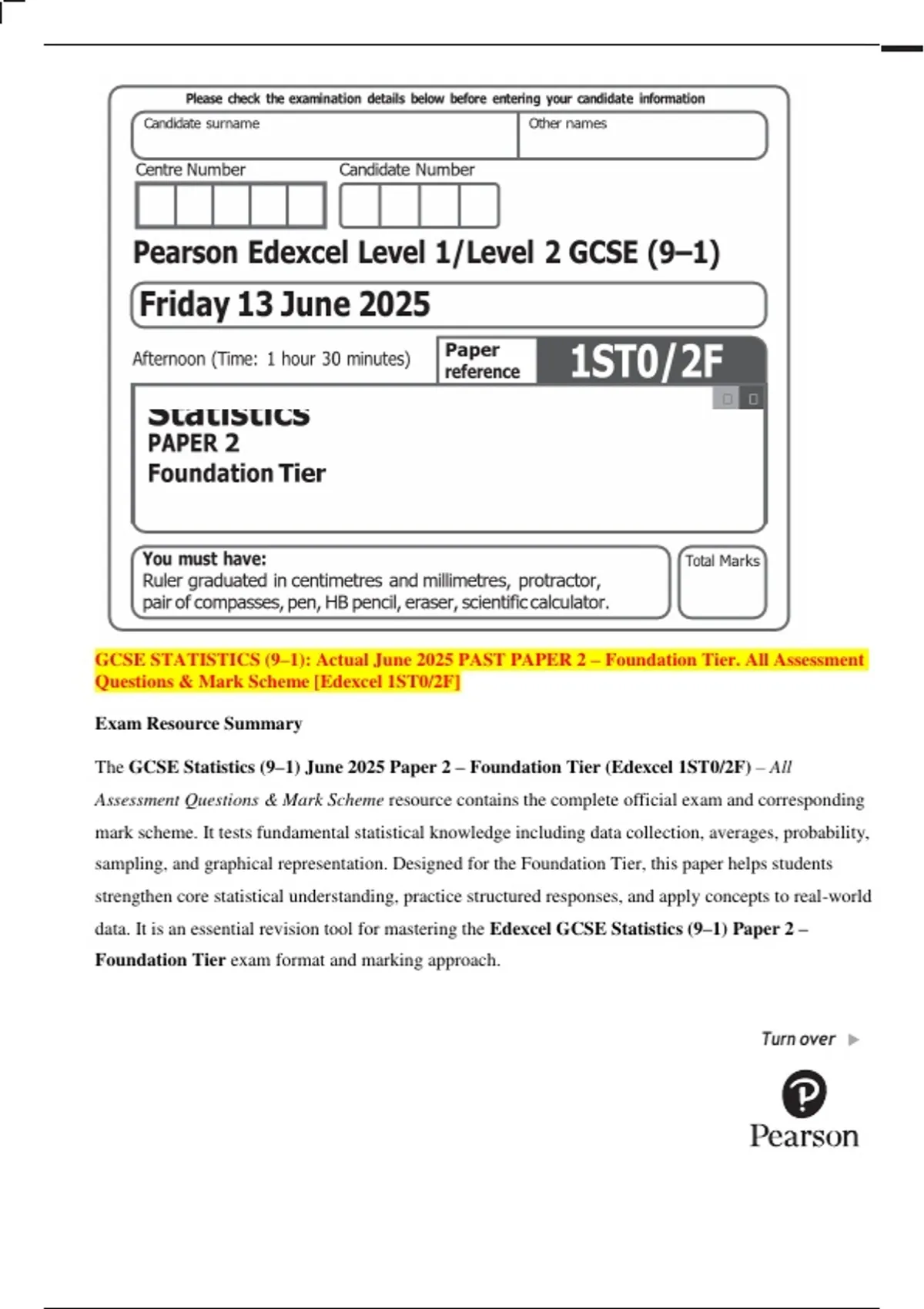 GCSE STATISTICS (9–1): Actual June 2025 PAST PAPER 2 – Foundation Tier. All Assessment Questions ...