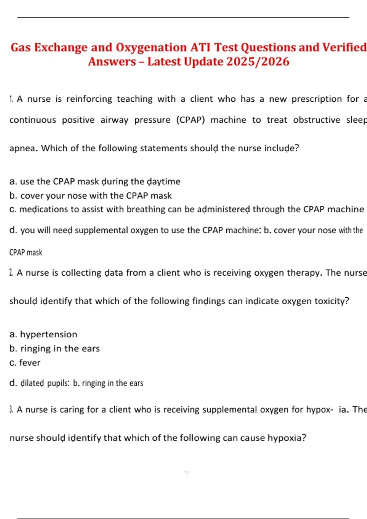 Gas Exchange and Oxygenation ATI Test Questions and Verified Answers ...