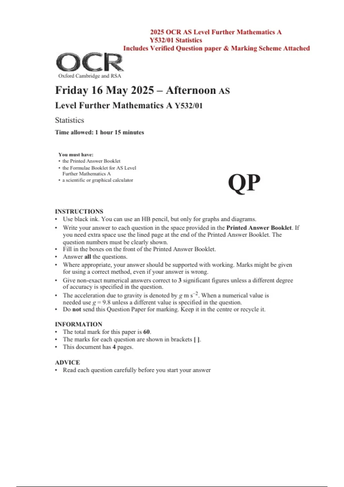2025 OCR AS Level Further Mathematics A Y532/01 Statistics Includes ...