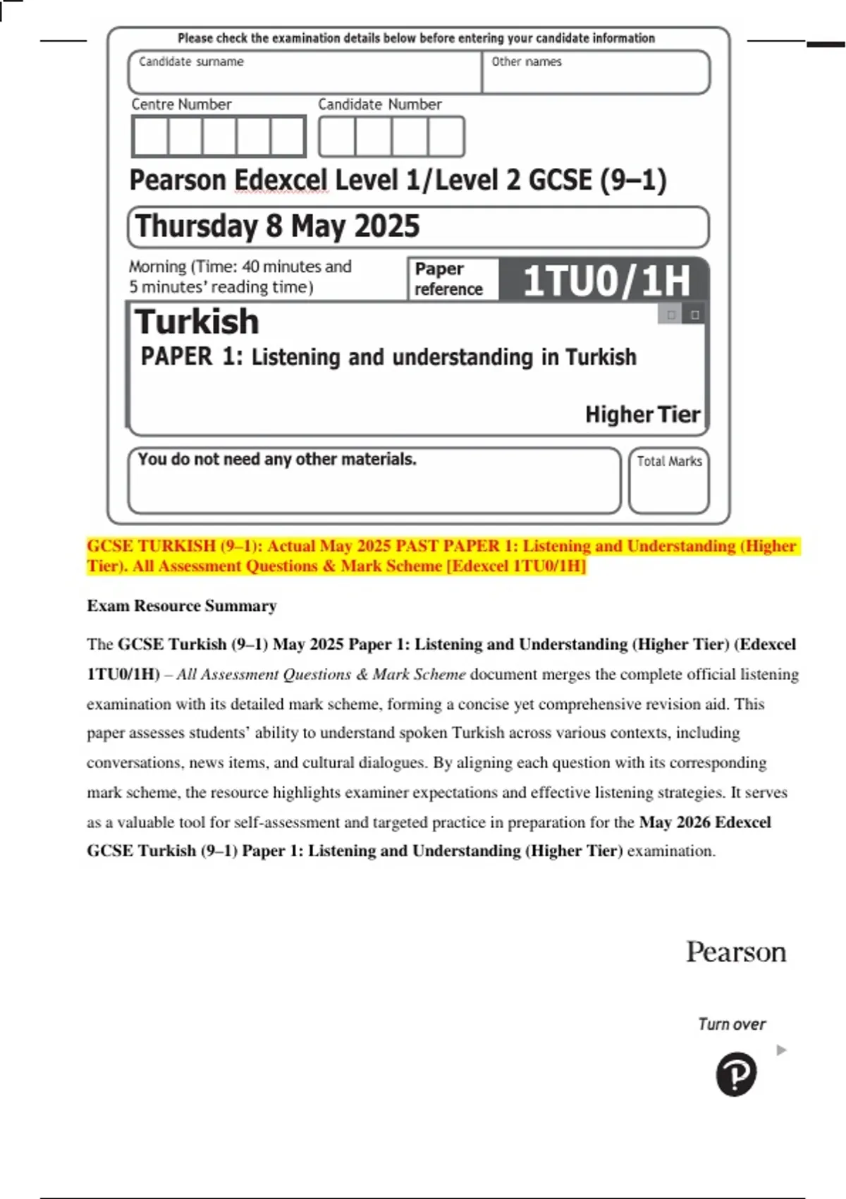 May 2025 Edexcel GCSE Turkish (9–1) | Higher Tier Question Papers ...