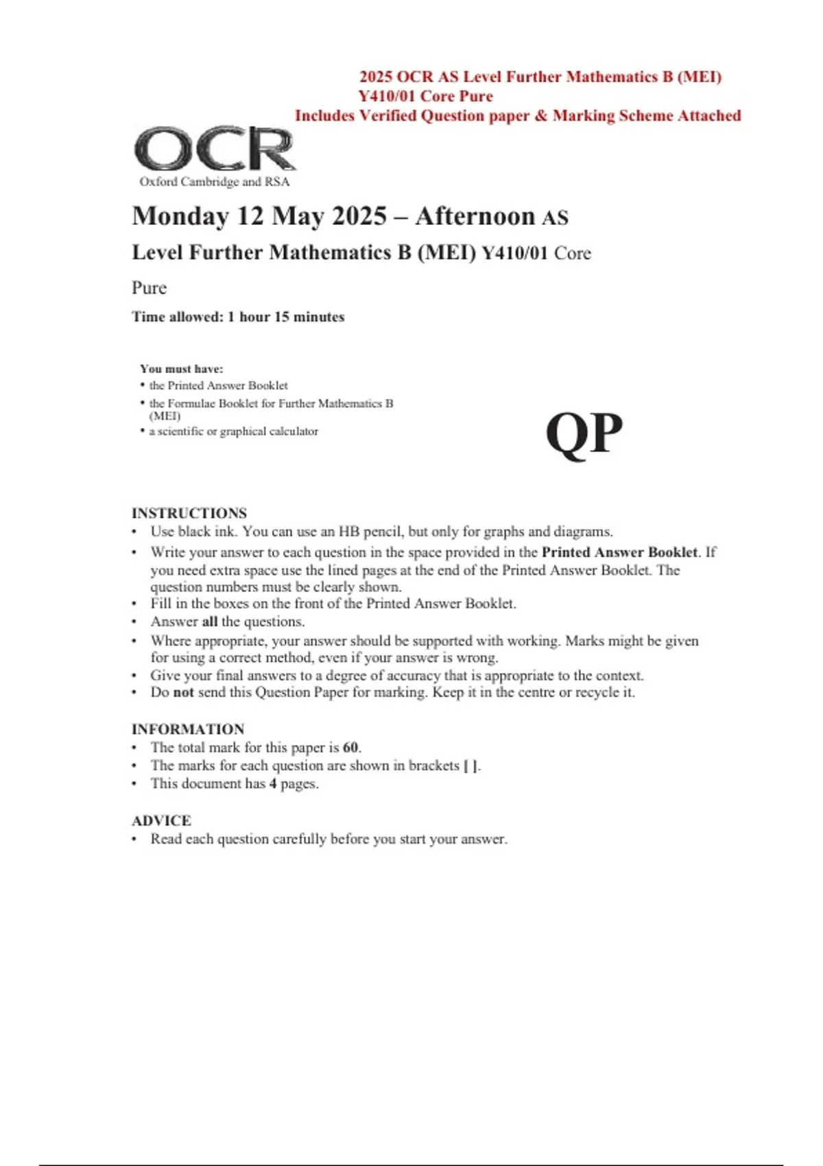 2025 OCR AS Level Further Mathematics B (MEI) Y410/01 Core Pure Includes Verified Question paper ...