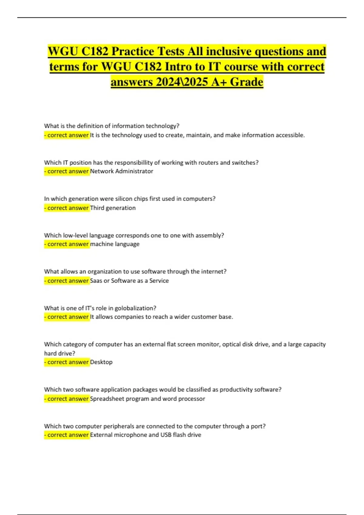 WGU C182 Intro to IT | Practice Tests with All-Inclusive Questions ...