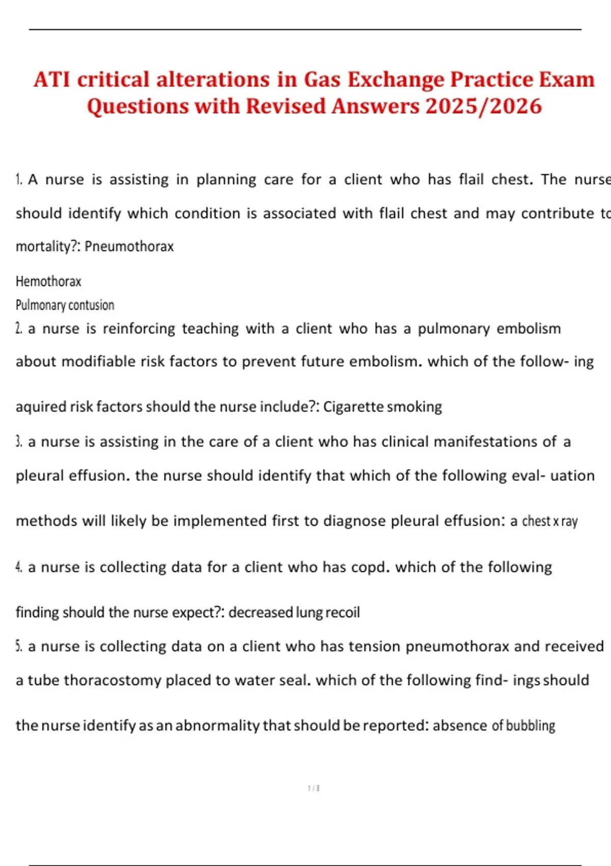 ATI Critical Alterations in Gas Exchange | Practice Exam Questions with ...