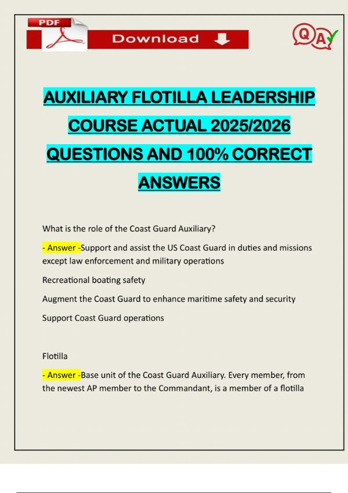 AUXILIARY FLOTILLA LEADERSHIP COURSE ACTUAL 2025/2026 QUESTIONS AND 100 ...